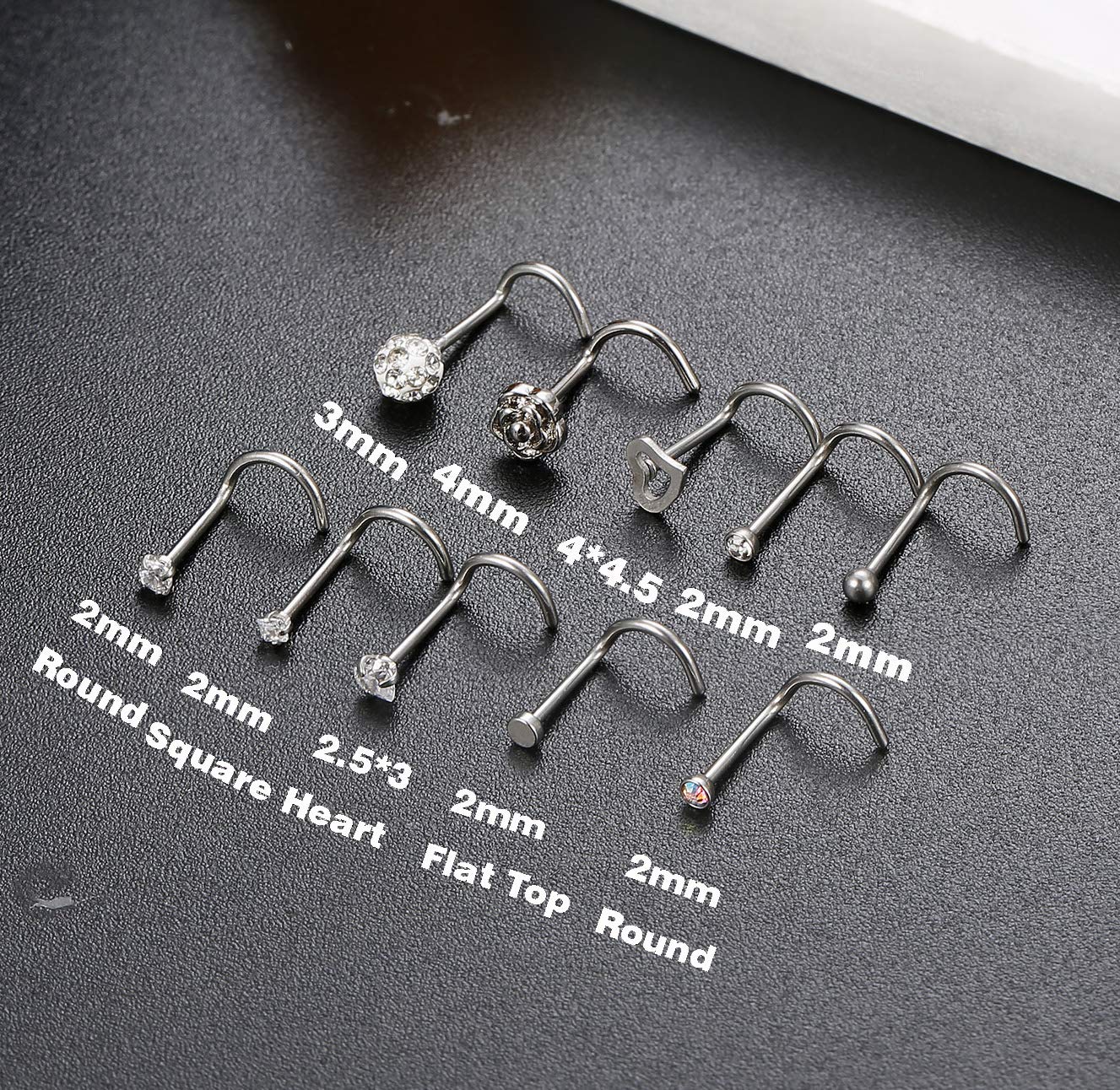 JOERICA 10 Pcs 20G Stainless Steel Screw Nose Studs Rings CZ Labret Silver Gold Nose Stud Piercing Jewelry Set Silver Tone