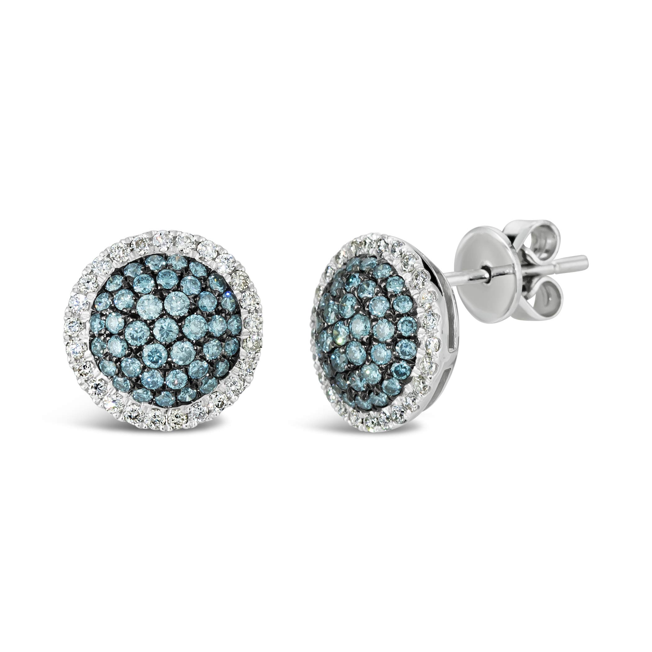 LE VIAN 7/8 Carat White and Blue Diamond Round Halo Stud Earrings with Push Backs for Women in 14k White Gold (H-I/Fancy Blue, SI2-I1, cttw)