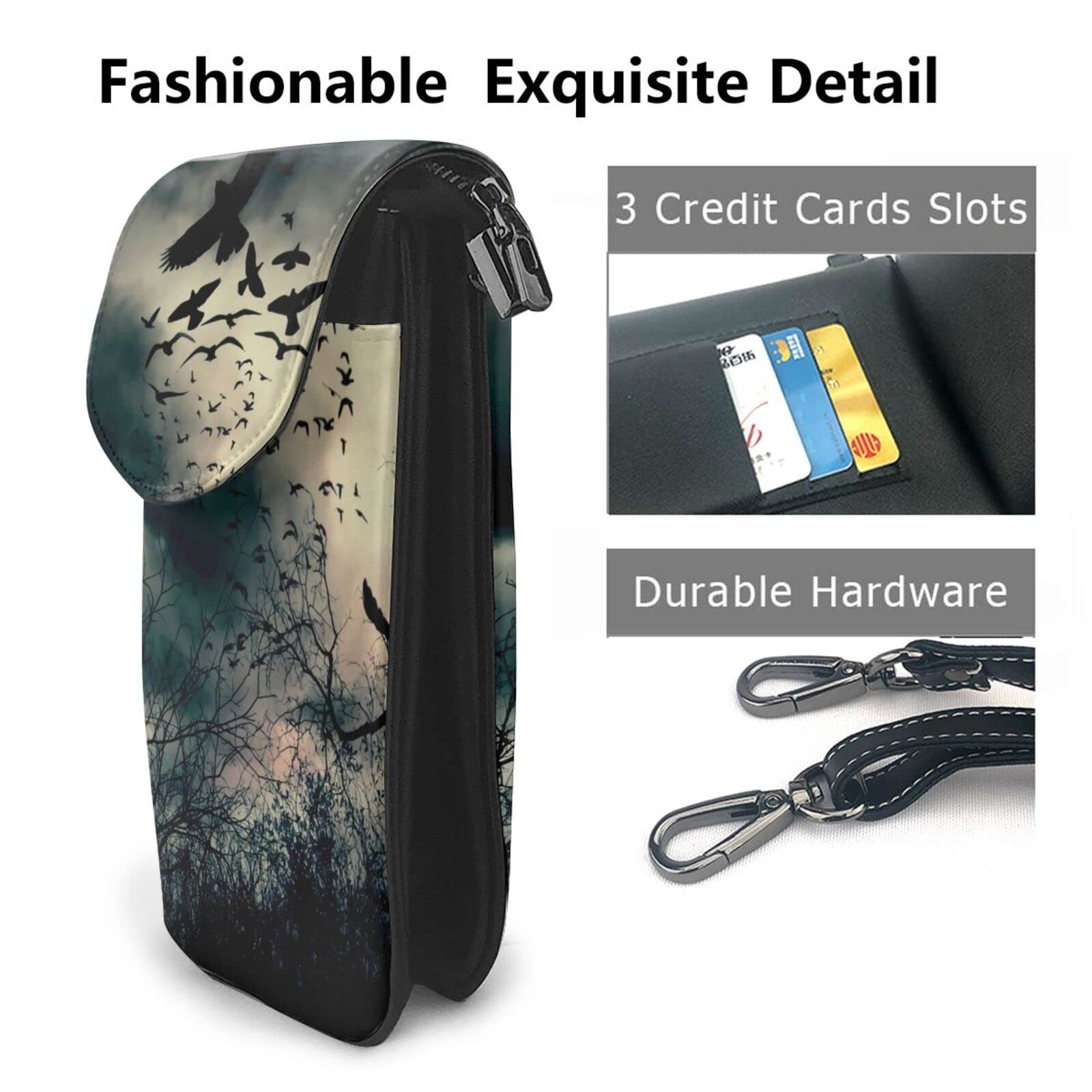 Small Night Crow Cell Phone Purse For Women Lightweight Crossbody Bags,Women Pu Leather Multicolor Handbag With Adjustable Strap.