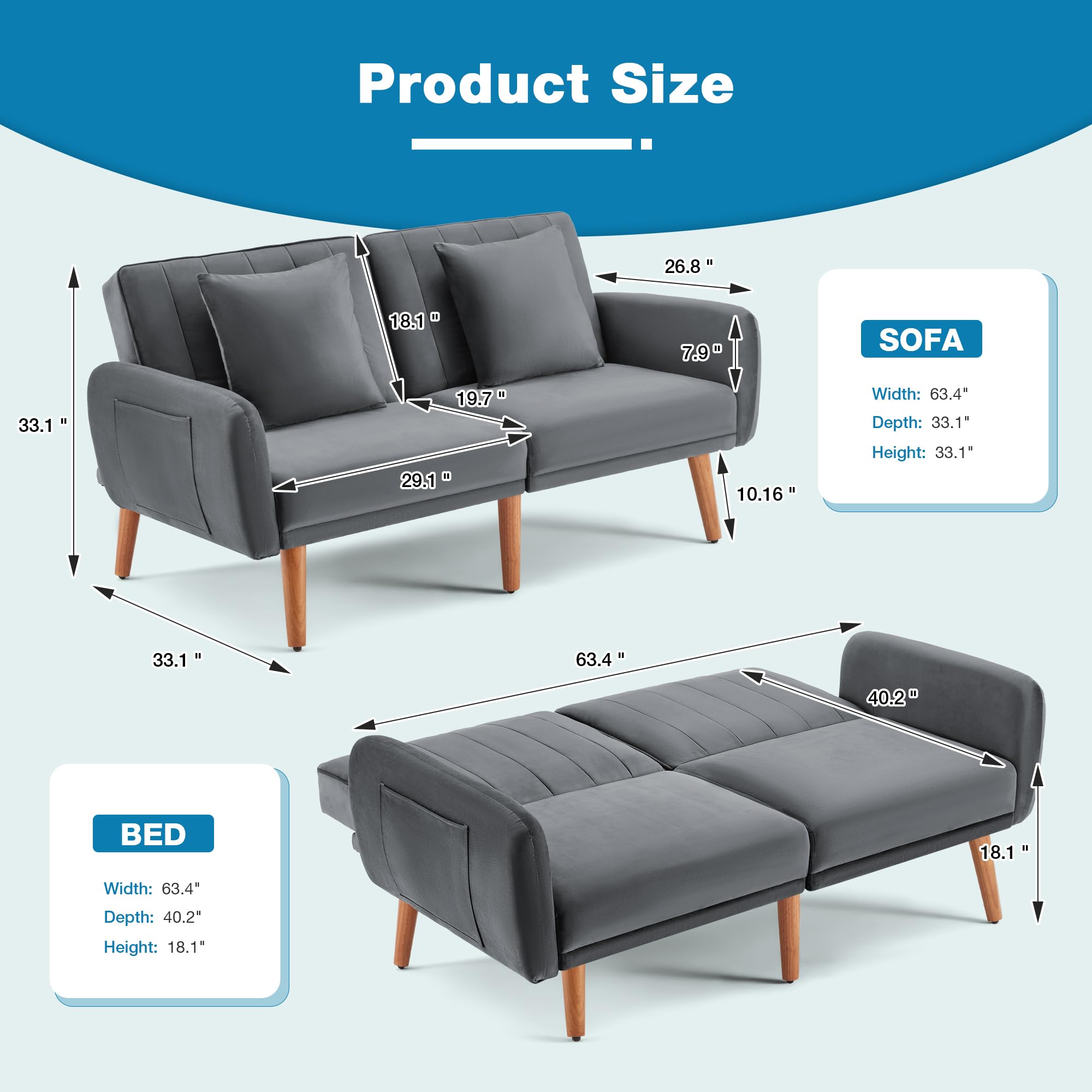 JOMEED 65" Velvet Loveseat Sofa,Modern Couch for Living Room,Futon Sofa Bed with Adjustable Backrest for Small Spaces,Dorm,Apartment