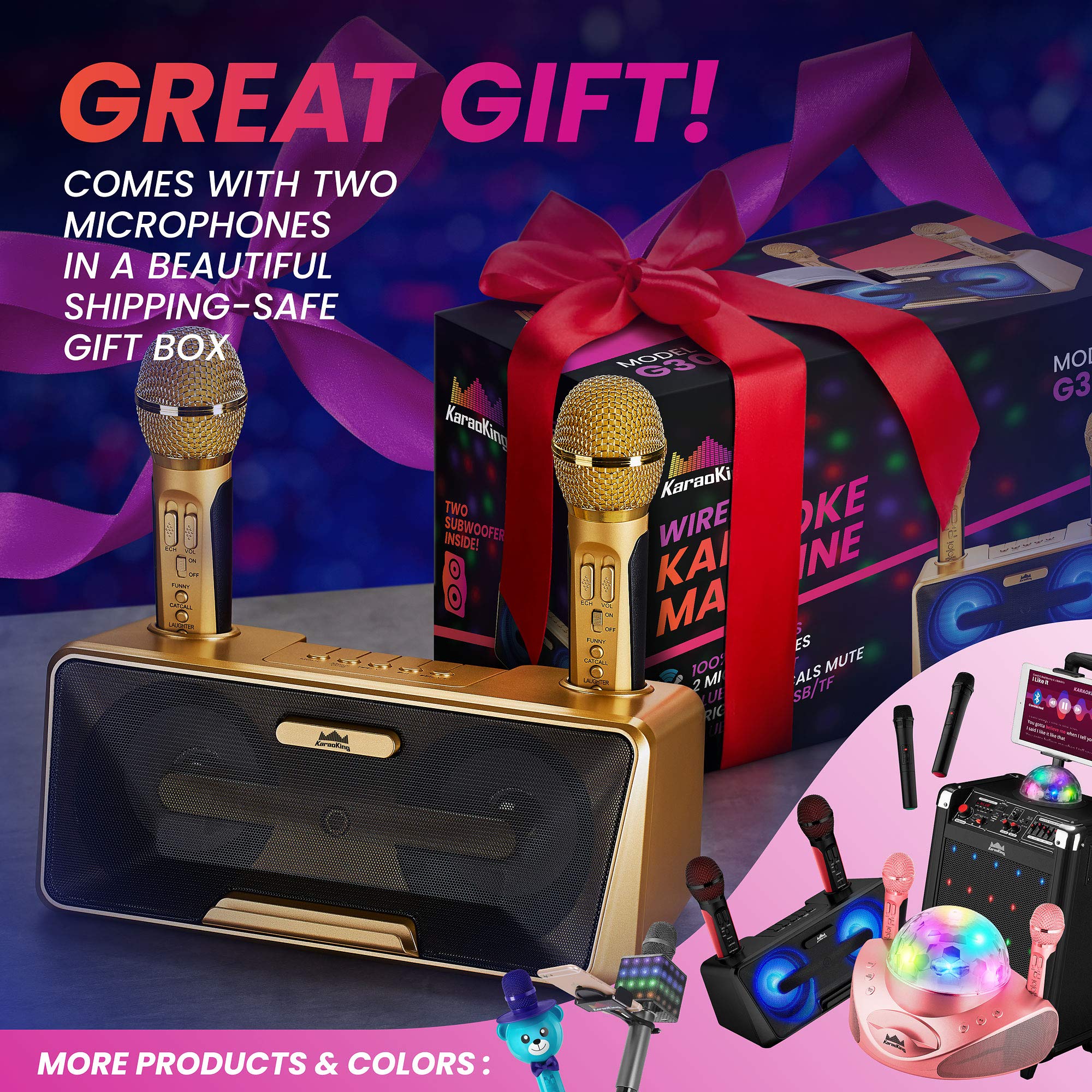 KaraoKing New 2020 Karaoke Machine – for Adults and Kids – 2 Wireless Karaoke Microphone, SD Card, USB, Bluetooth Compatible, LED Lights – Home, Bachelor Party, Picnic, Outdoor/Indoor [G301 Gold]