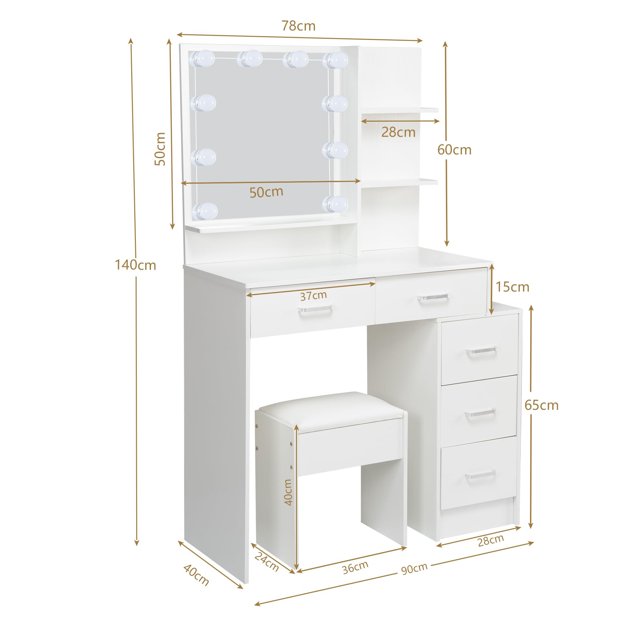 Jarbalai White Vanity Table with Mirror and Lights, Vanity Desk with Bedside Table, Vanity Set with 5 Drawers and Cushioned Stool for Bedroom