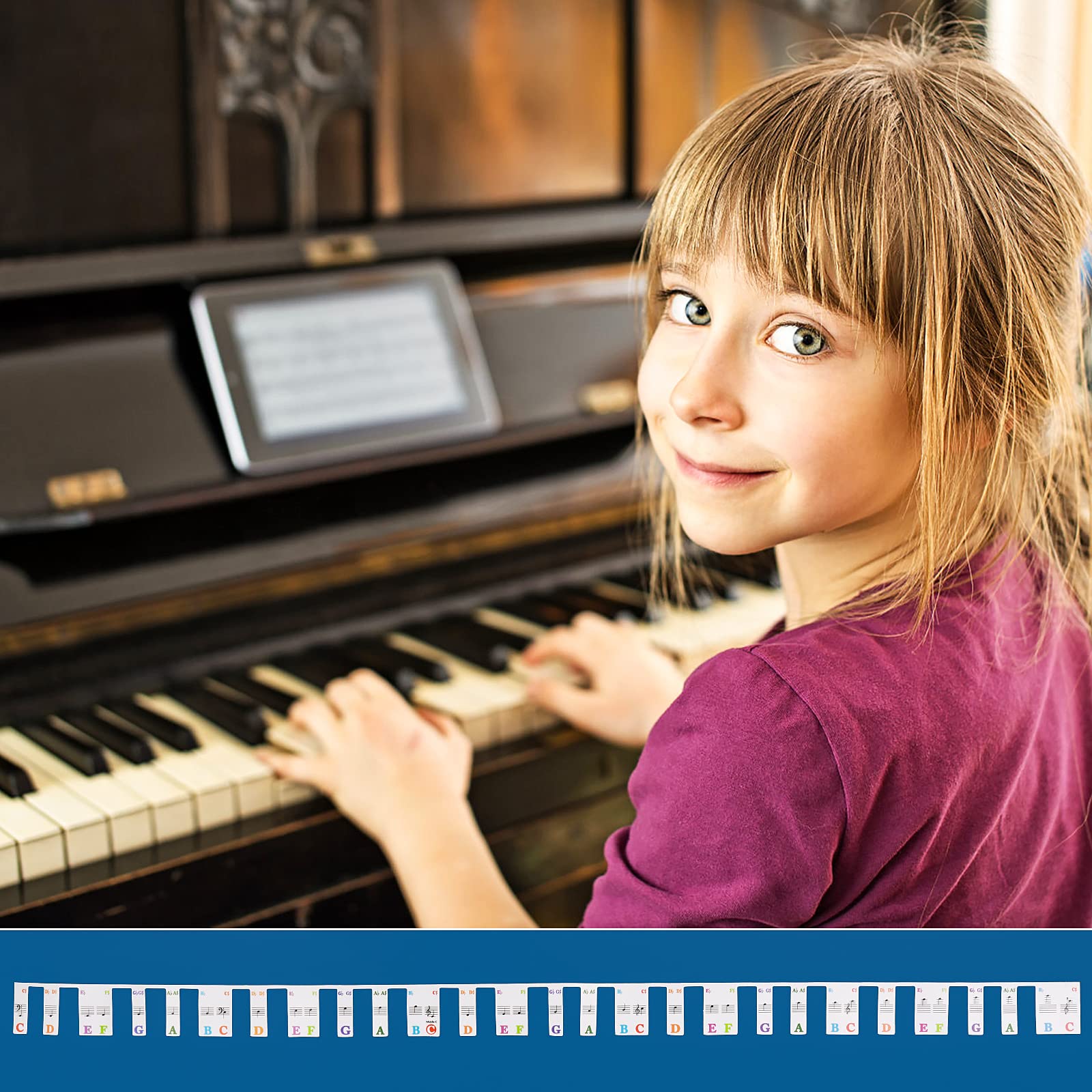 Piano Key Stickers for Beginners Kids,61 Keys 1:1 Full-Size Plastic Paste-Free Piano Keyboard Stickers Removable Piano Keyboard Stickers