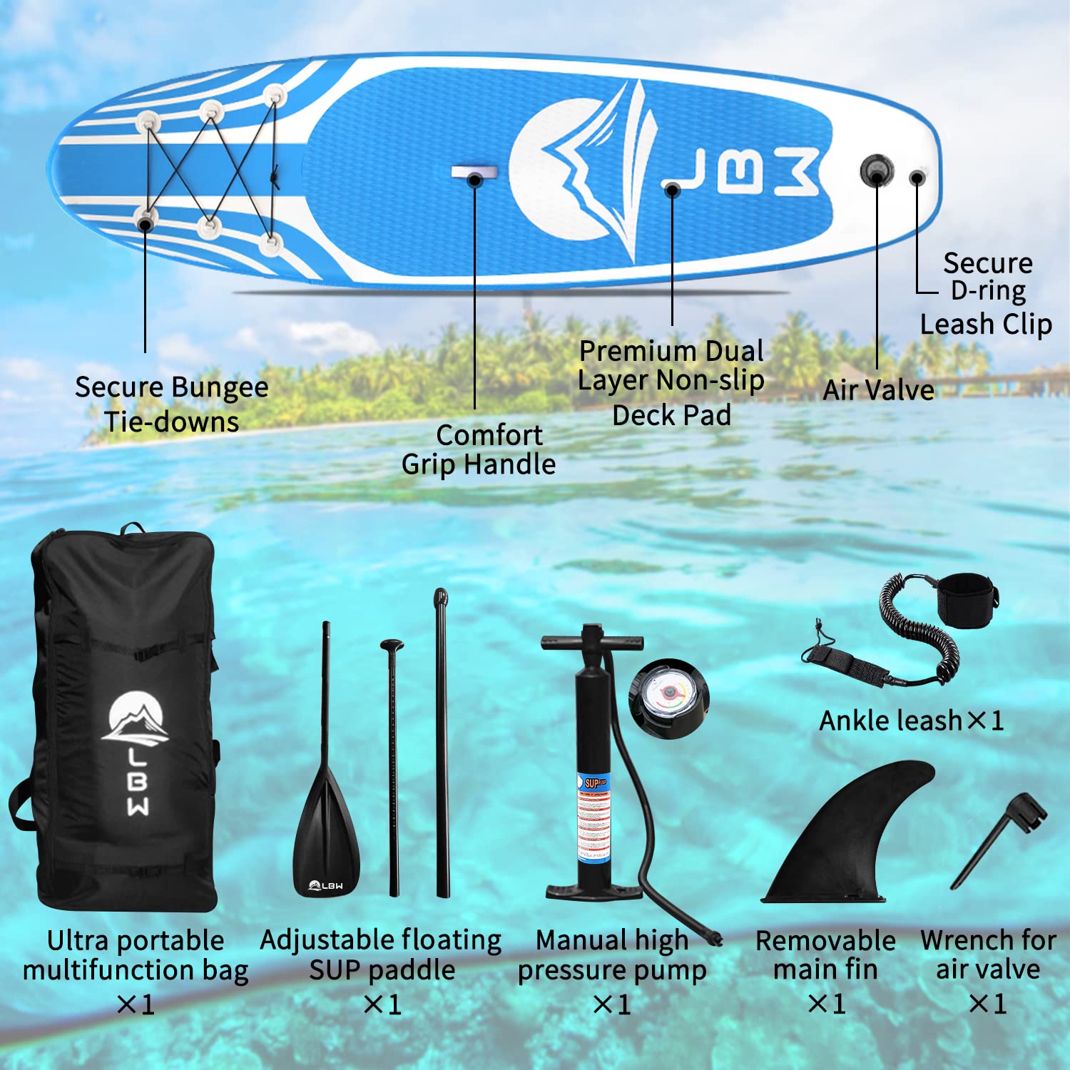 LBW Inflatable Stand Up Paddle Boards with Premium SUP Paddle Board Accessories, Wide Non-Slip Deck, Waterproof Backpack, Classic Inflatable Paddle Board for Men & Women