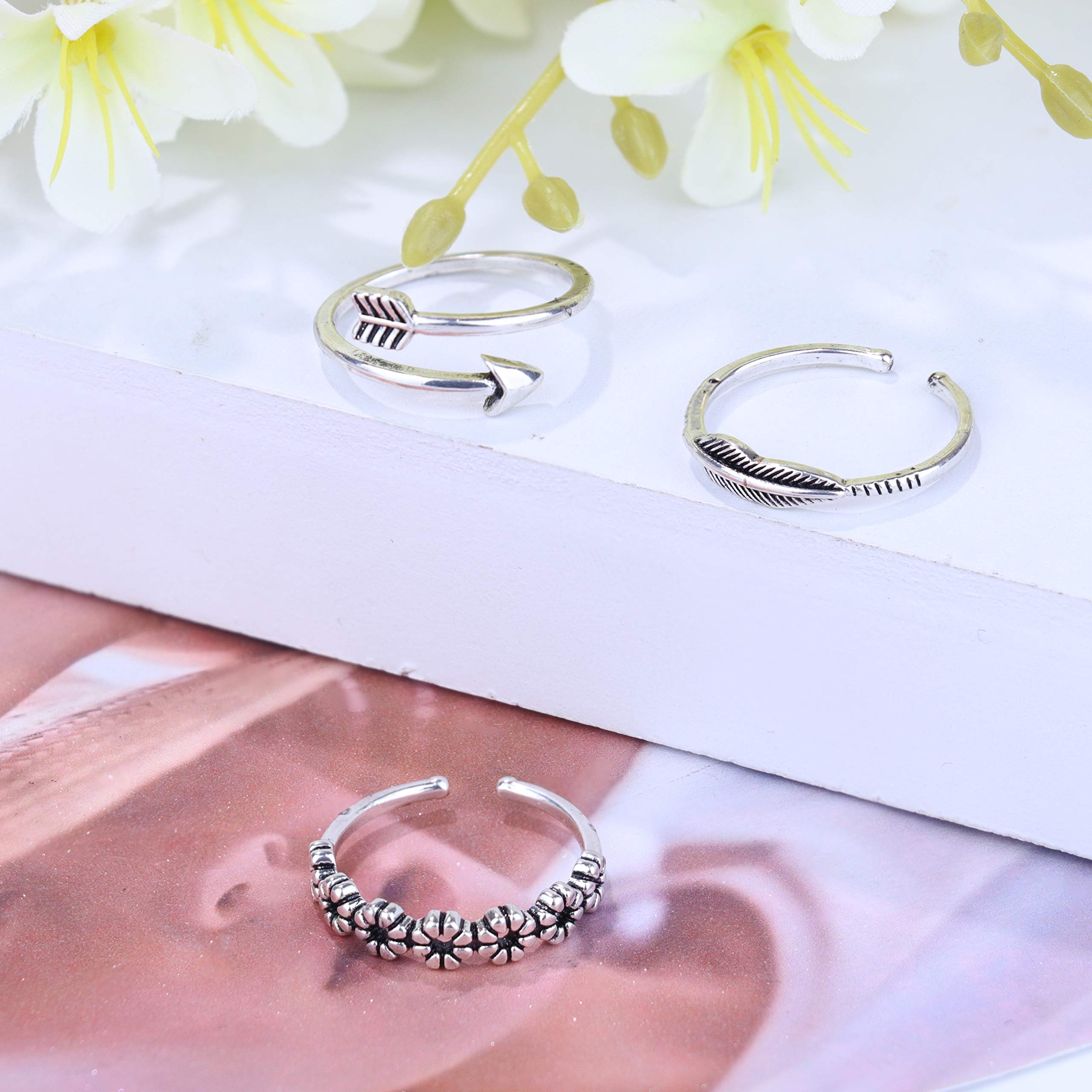 JOERICA 3 Pcs Silver Adjustable Open Rings Women Feather Thumb Stackable Knuckle Ring Sideways Arrow Horizontal Ring