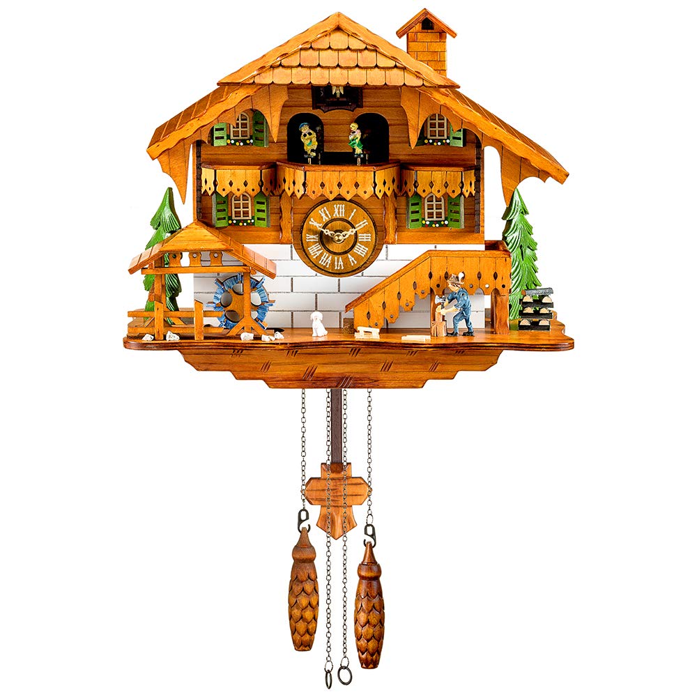 Kintrot Cuckoo Clock Black Forest Quartz Wall Clock Pendulum Movable Bird, Dancers, Watermill, Wood Chopper