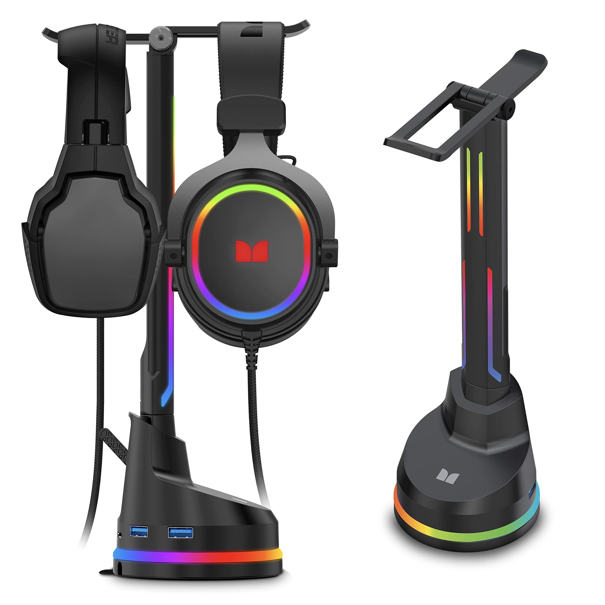 Monster Dual Gaming Headset Stand with 4 USB 3.0 Ports, and RGB Changing LED Effects, for Wired or Wireless Headphones, Black (2MNGH0167B0E2)