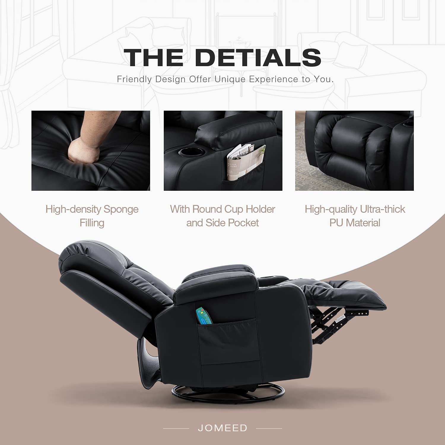 JOMEED Massage Rocking Recliner Chair with Heated 360 Degree Swivel PU Leather Recliner Sofa with Cup Holders for Living Room, Vibration