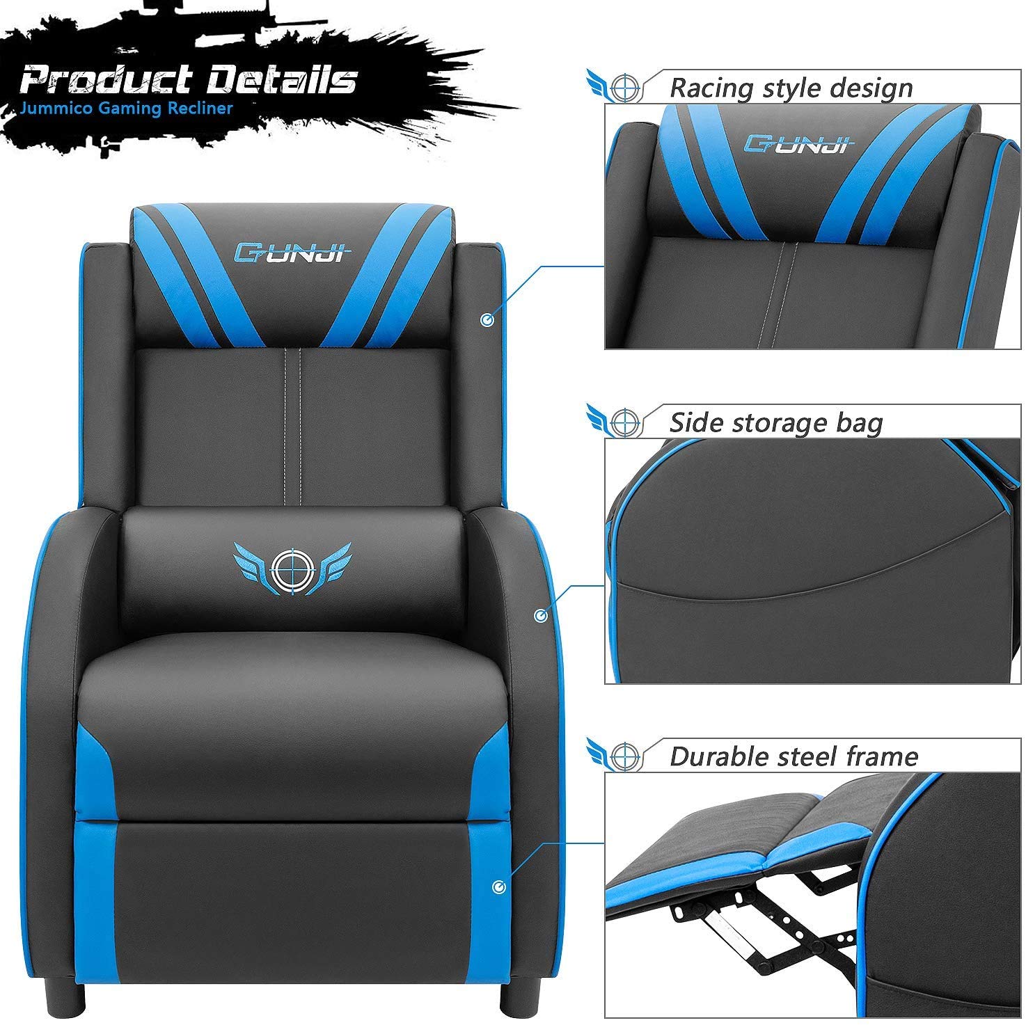 JUMMICO Gaming Recliner Chair PU Leather Single Recliner Sofa Adjustable Modern Living Room Recliners Home Theater Recliner Seat (Blue)