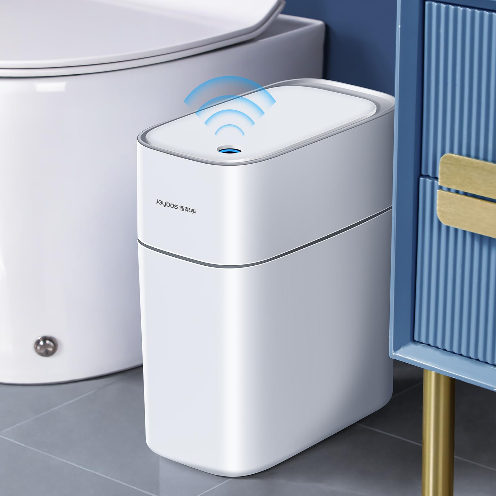 MOPUP Touchless Bathroom Trash Cans, Waterproof Motion Sensor Bedroom Garbage Can, 3.5 Gallon Slim Plastic Narrow Small Dogproof Trash Bin for Office,Living Room,Kitchen, White