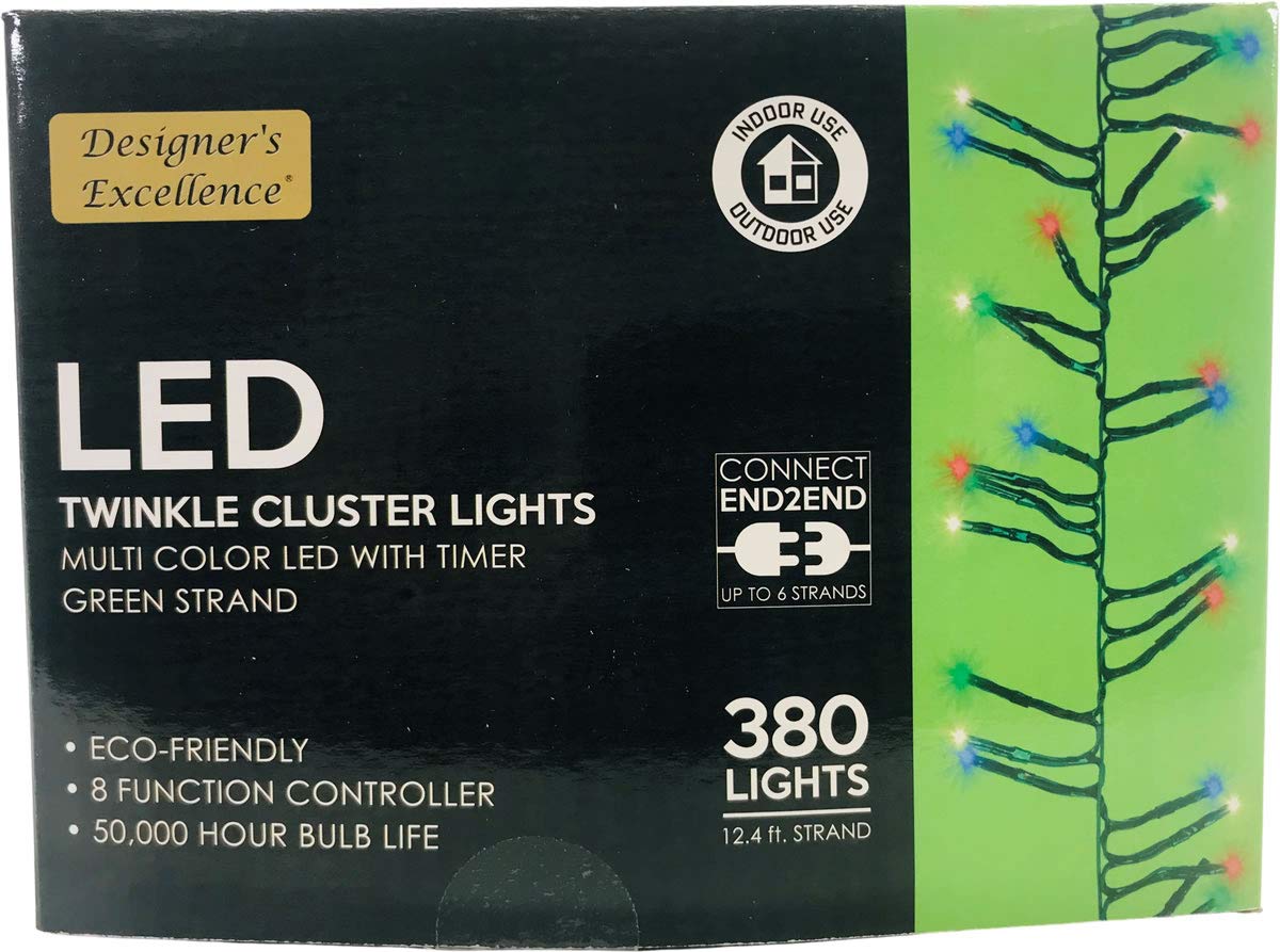 LED Twinkle Cluster Lights 12.4Ft Multi w/Green Strand Connect End to End Indoor Outdoor