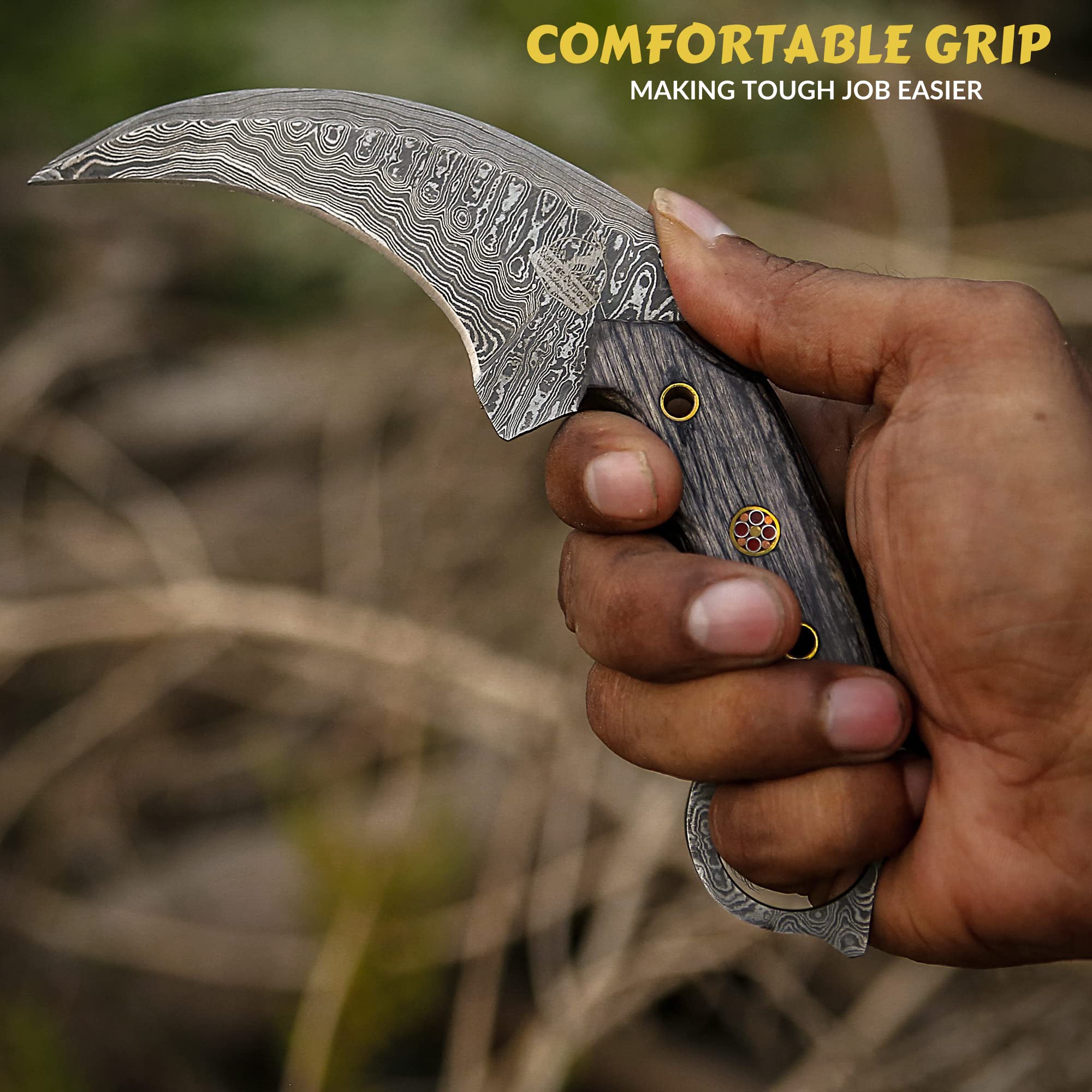 Markhor Outdoors 7.5-inch Handmade Damascus steel karambit knife with sheath Fixed blade Combat Tactical knife for Self defense, Survival, Camping, Bushcraft Ergonomic Black wood handle