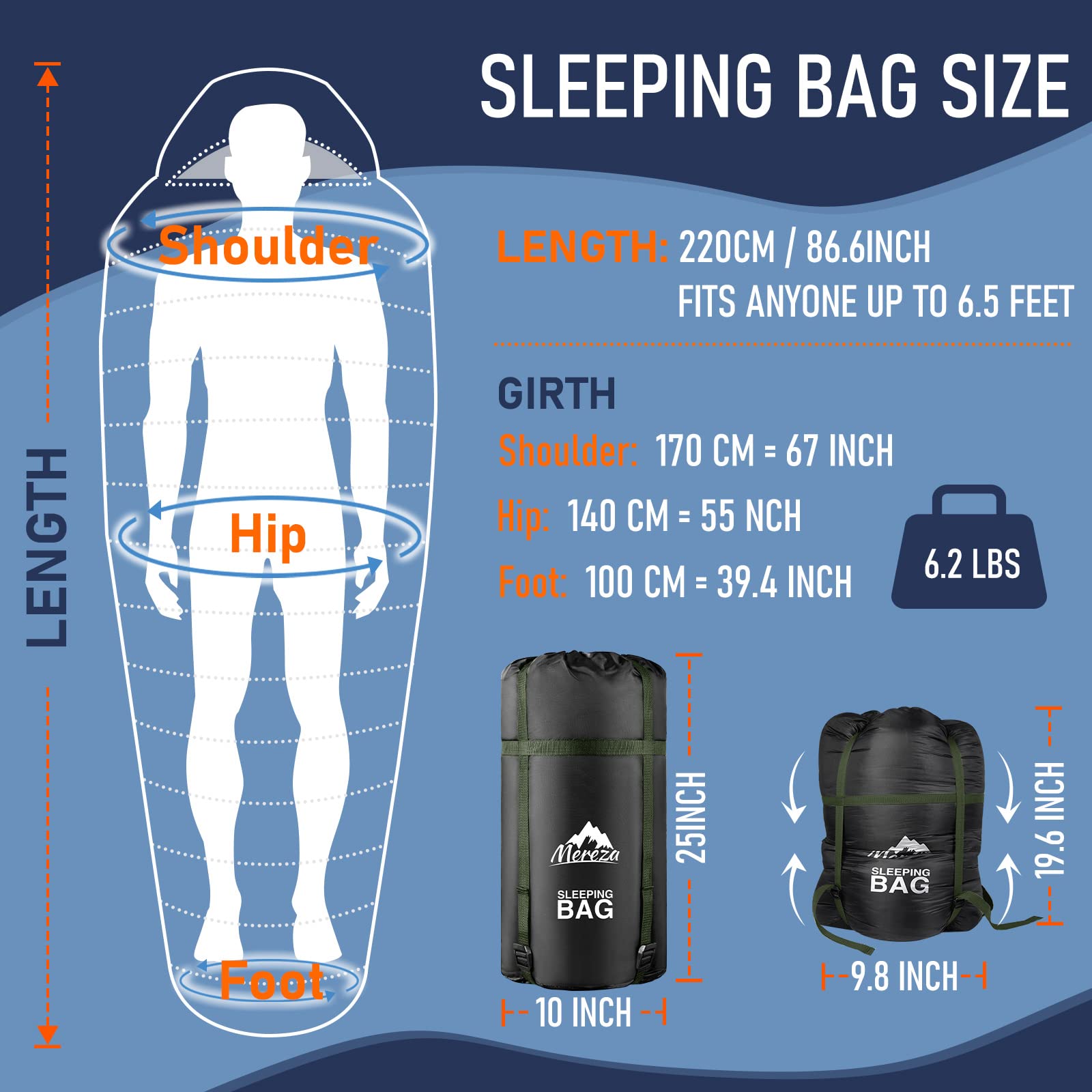 Mummy Sleeping Bag for Adults with Pillow, MEREZA 20 Degree Cold Weather Sleeping Bag for Camping Backpacking Mummy Bag Warm Washable for Hiking 4 Seasons