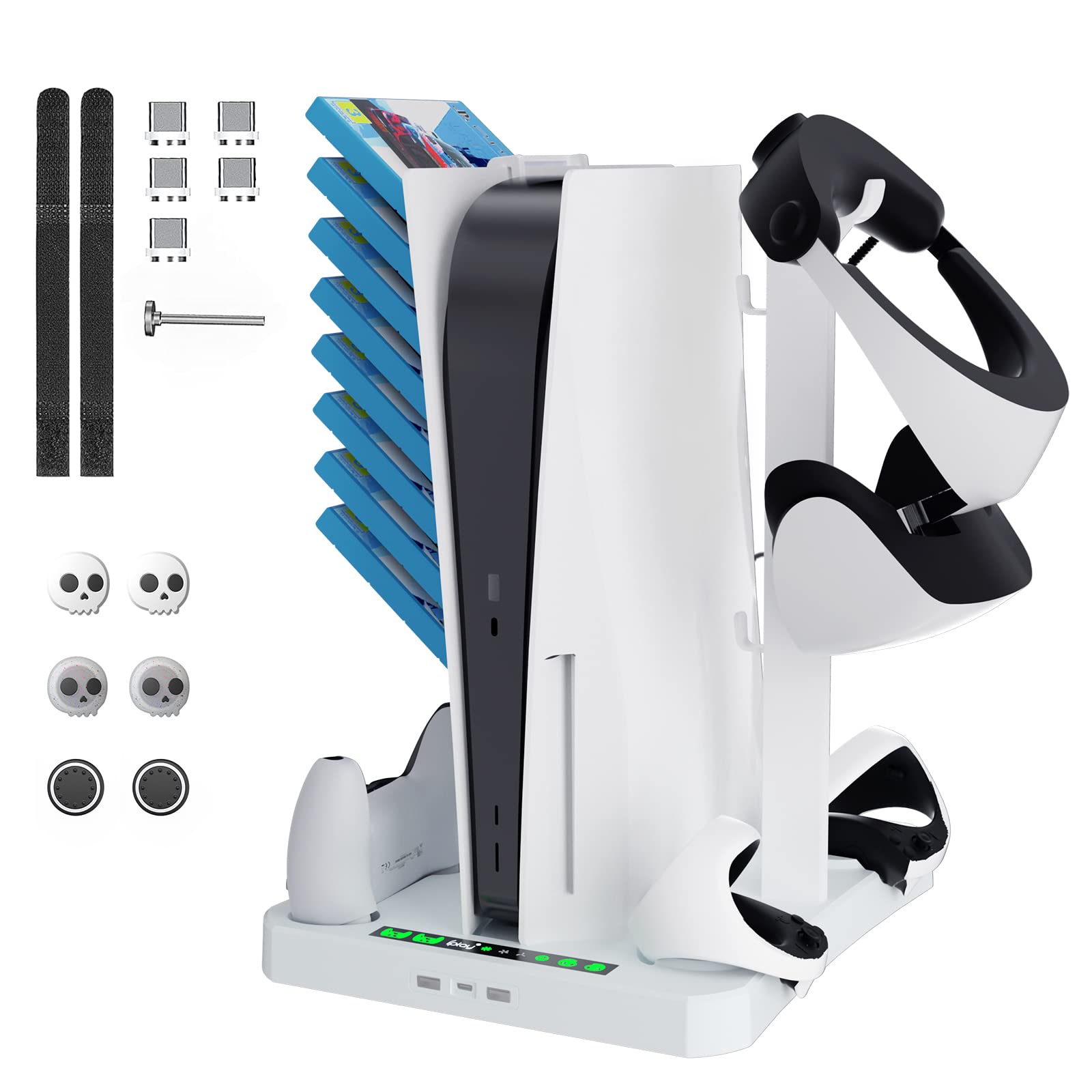 PS5 Multi-functional Station, PS5 Console Cooling Dock, PS VR2 Sense Controller Charging Station, PS 4/5 Controller Charger, PSVR2 Headset and PS4/5 Game Holder Organizer, 6 Joystick Caps,White