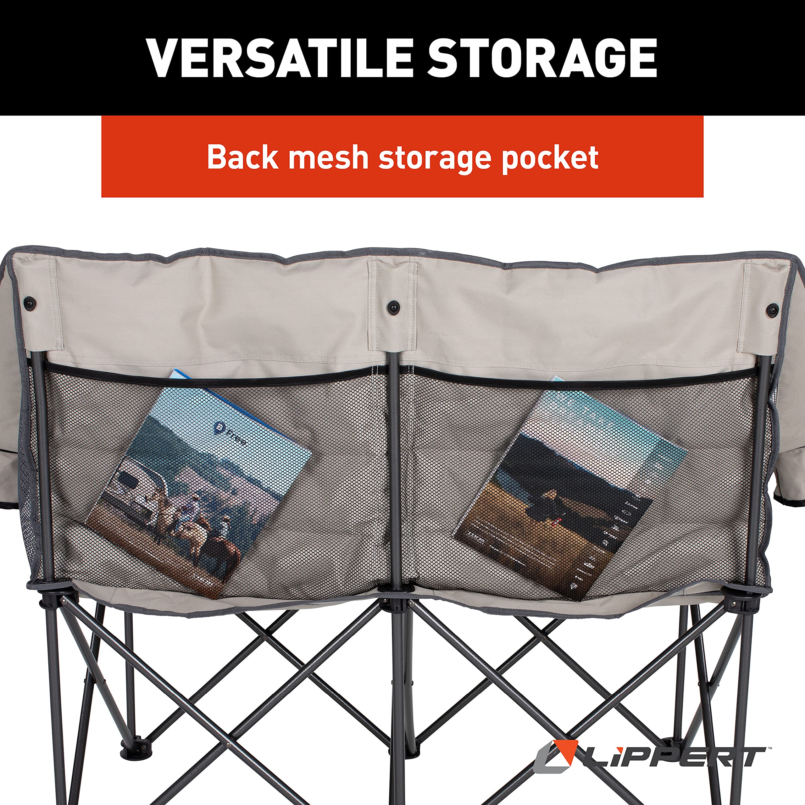 Lippert Campfire Folding Loveseat with 500-lb. Weight Capacity, Carry Bag, Durable Mesh Fabrics, High-Loft Cushioning, Storage Pocket, Dual Cupholders, Stemmed Wine Glass Holder (Sand) - 2021000205