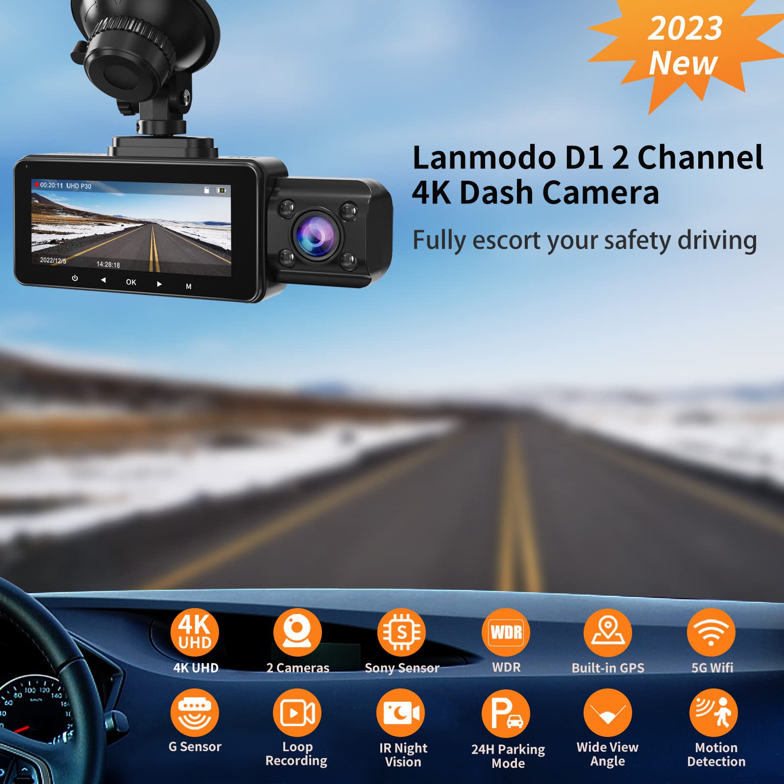 LANMODO 2ch D1 4K Dash Cam and 11.5ft Dashcam Hardwire Kit Bundle, 5G WiFi GPS App, Front 4K Inside 2.5K, Loop Recording, IR Night Vision, WDR, 24hr Parking Mode, G-Sensor Motion Senser, Support 512GB