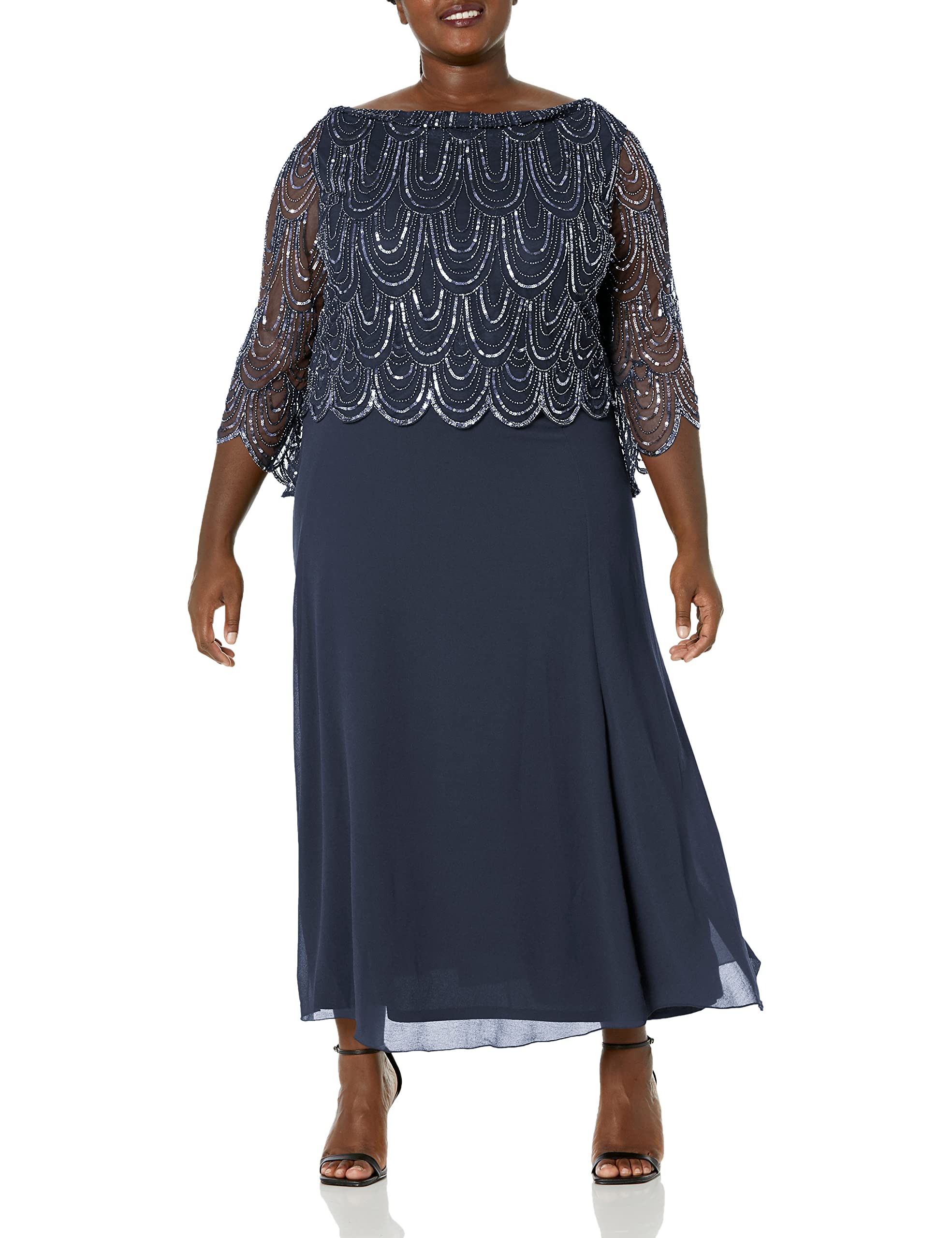 J Kara Women's 3/4 Scallop Beaded Pop Over Gown, Navy/Mercury, 8