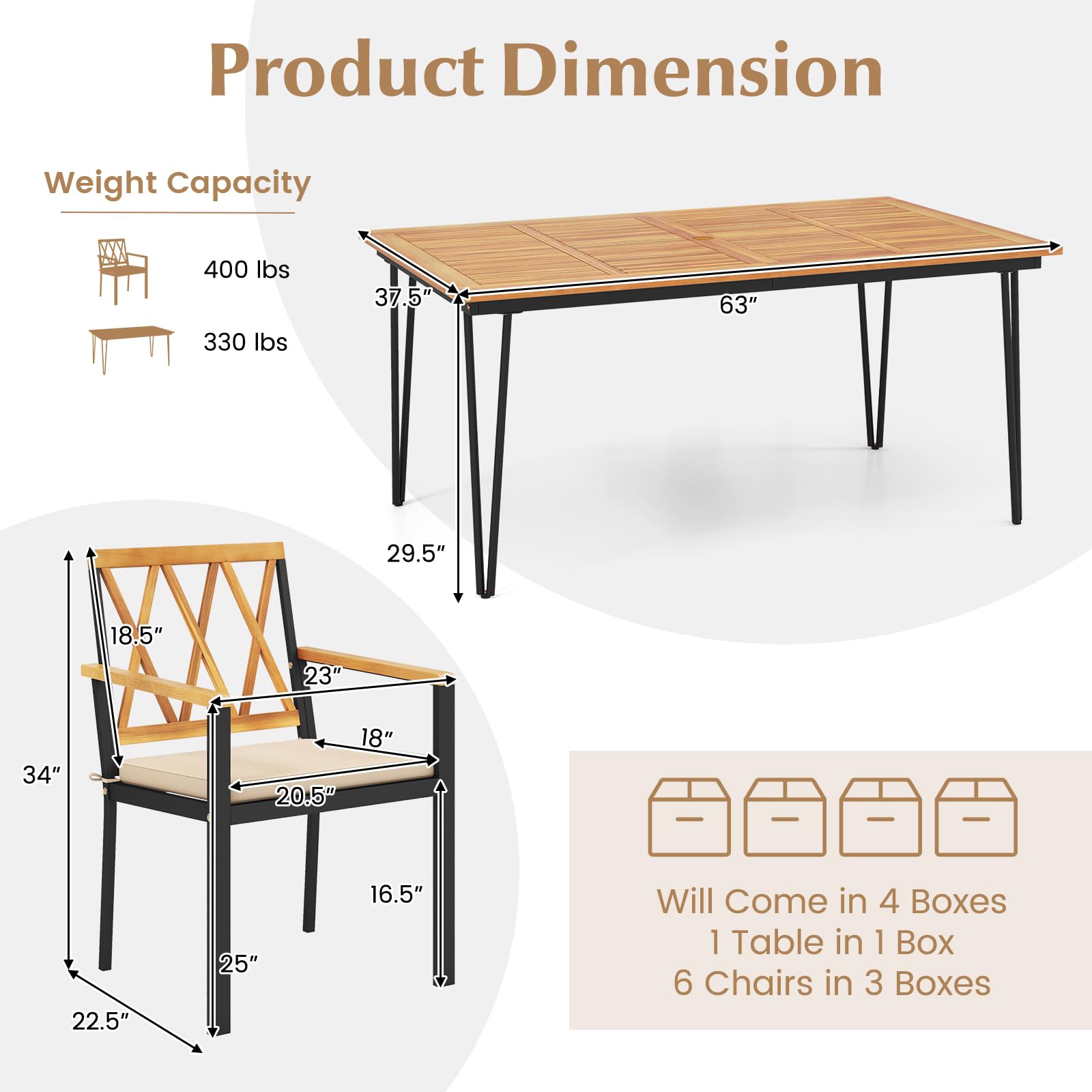 Tangkula 7-Piece Patio Dining Set, Acacia Wood Outdoor Furniture Set with 2β Umbrella Hole and Seat Cushions, Rectangular Dining Table and 6 Chairs Set for Patio Garden Poolside Backyard