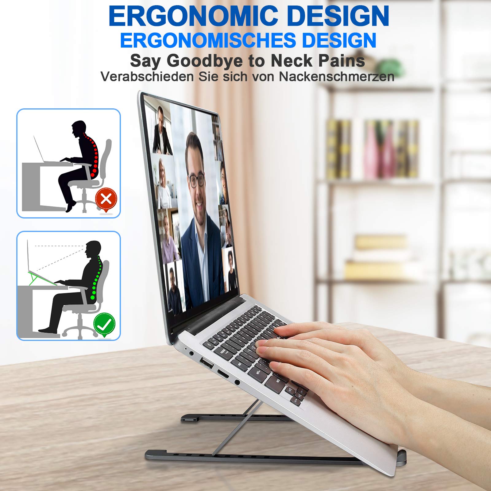 JUNEU Laptop Stand for Desk, Aluminum Computer Riser 8 Angles Adjustable Notebook Stand Mount Holder for MacBook, HP, Tablet, iPad, More 10-17.3 Inch, Supports up to 44lb