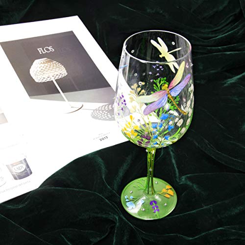 NymphFable Hand Painted Wine Glass Colorful Dragonfly Flower Artisan Painted 15 oz Glass Novelty Gift for Birthdays,Weddings,Valentine's Day