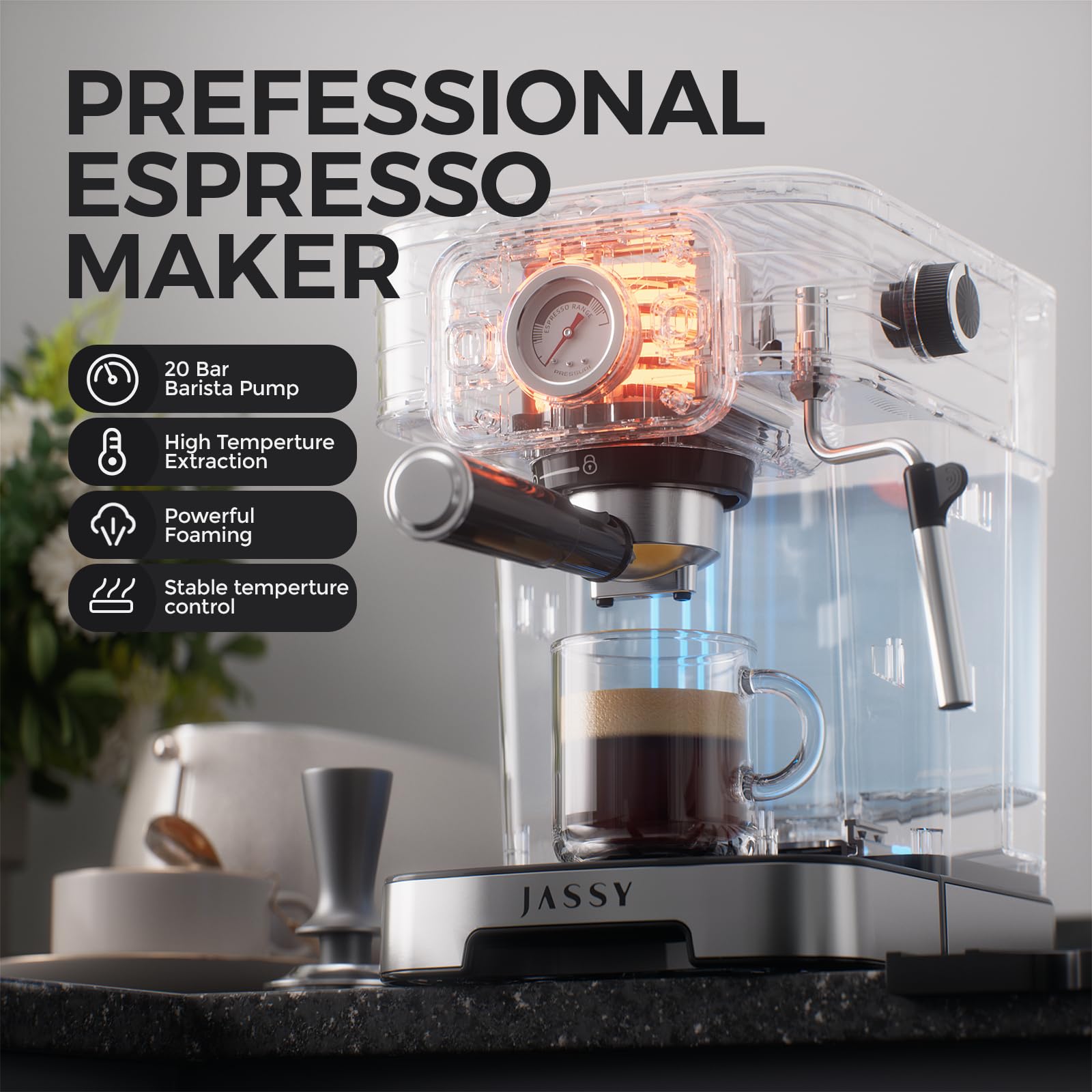 JASSY Espresso Machine 20 Bar Cappuccino Machines with Temperature Dial for Barista Brewing,Adjustable Milk Frothing for Espresso/Cappuccino/Latte,1200W