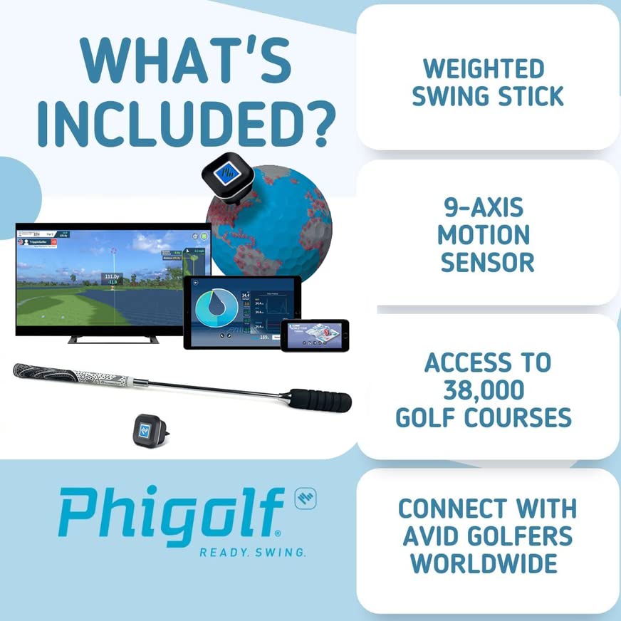 PHIGOLF World Tour Edition Pro Bundle - Home Golf Simulator, Access 38,000+ Golf Courses. Includes Quality Retractable Swing Trainer Travel Stick, 9-axis Swing Sensor, Supports Android and iOS