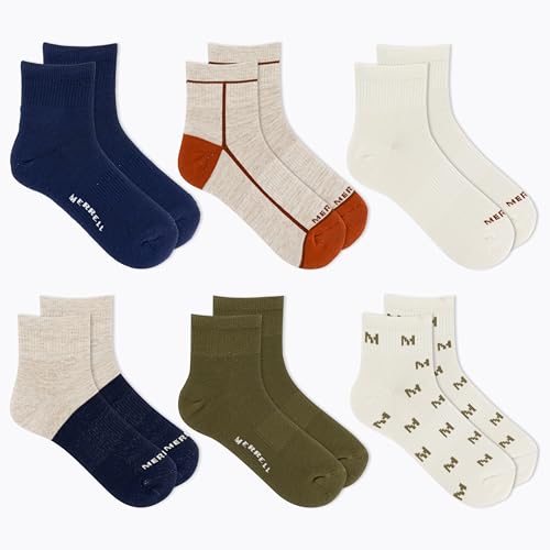 Merrell Unisex-Adult's Recycled Cushioned Socks Pack-Hiking Arch Support & Moisture Management, Ankle-Navy Assorted (6 Pairs), M/L (Men's 9.5-12 / Women's 10-13)