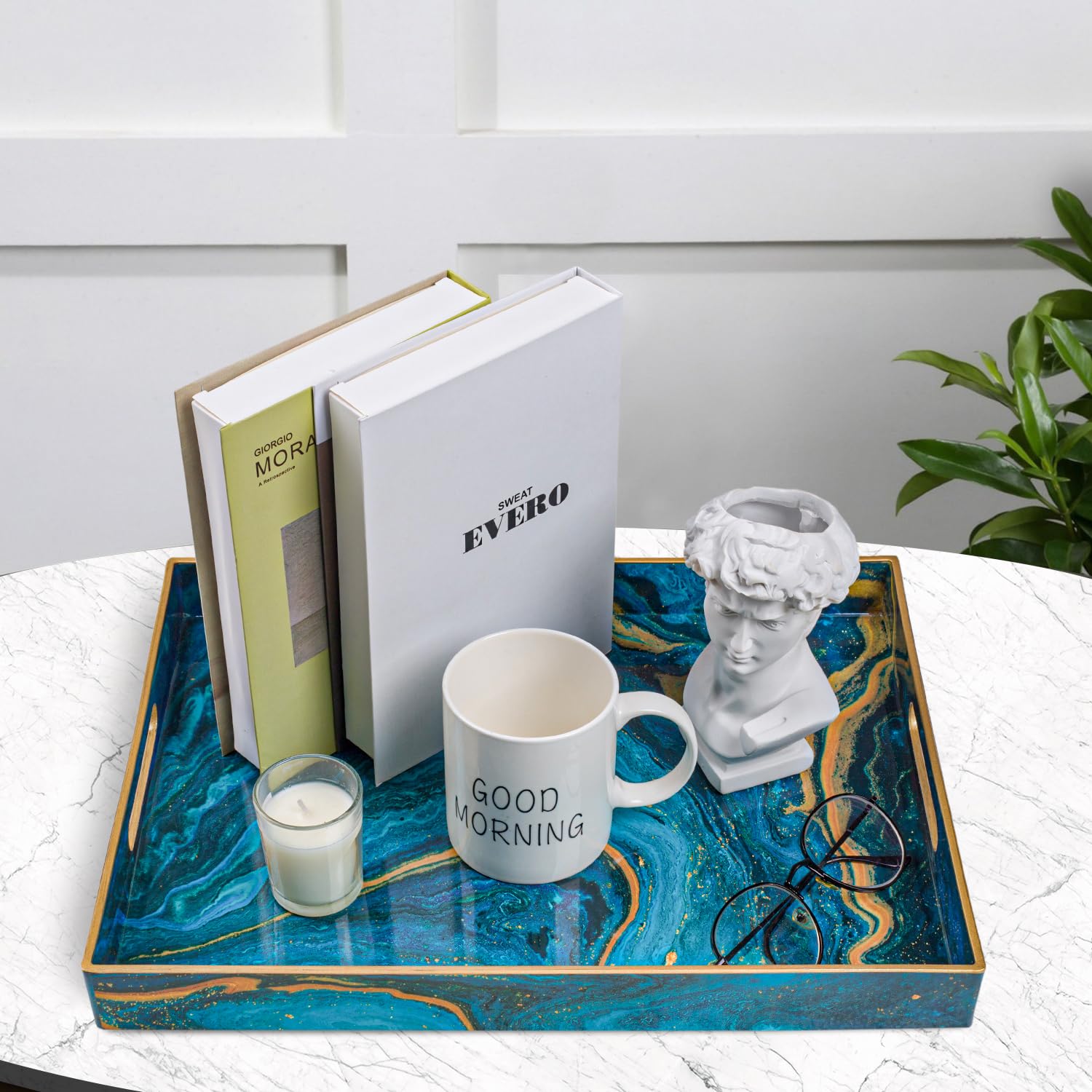 MAONAME Plastic Decorative Tray, Marbling Tray with Handles, Rectangular Coffee Table Tray, Serving Tray for Ottoman, Bathroom, 15.7β x 11.8β, Blue