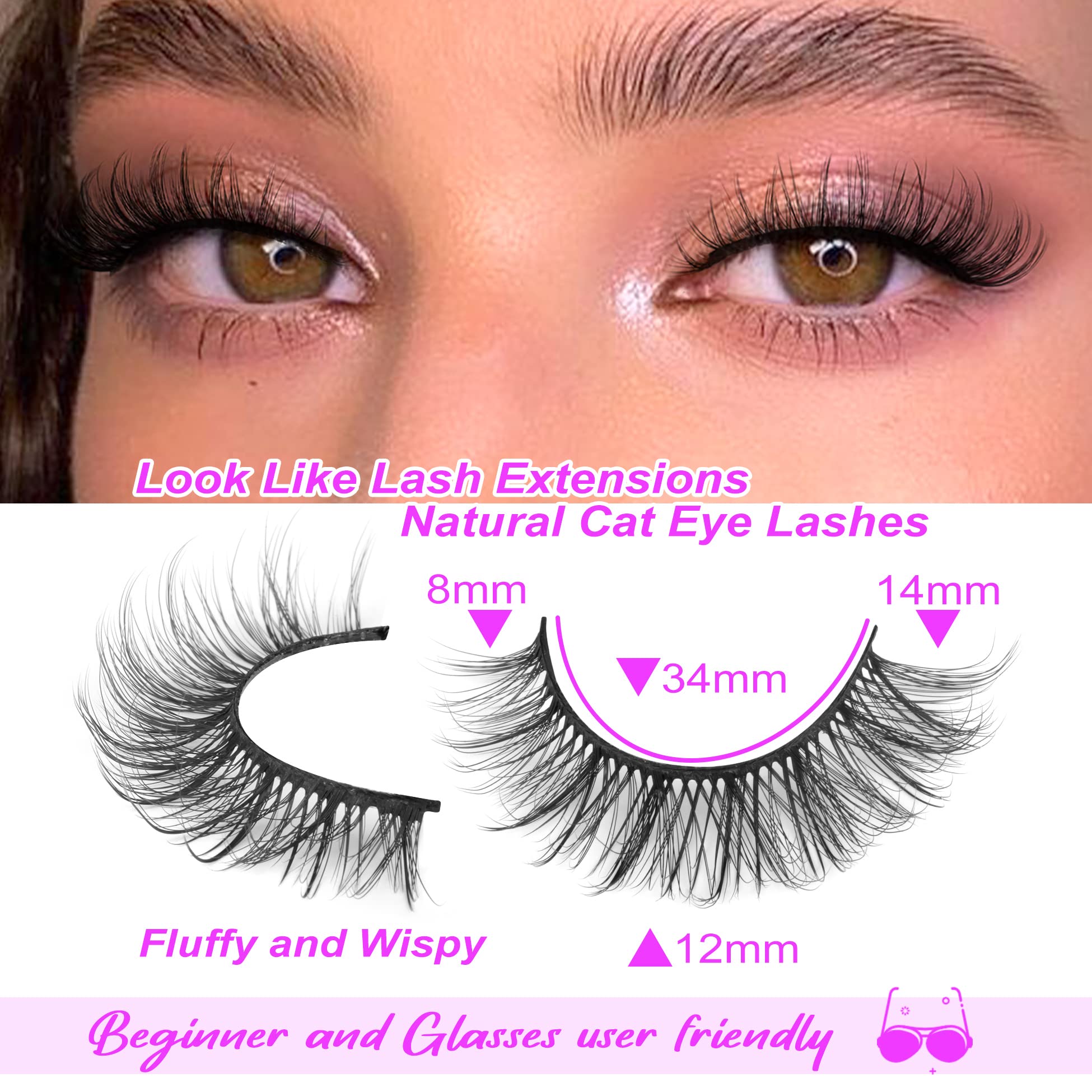 Lashes Natural Look Mink Fluffy False Eyelashes 14mm Wispy Short Cat Eye Lashes Look Like Extensions 14 Pairs Pack Curly Fake Eyelash Strips