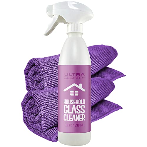 Ultra Clarity Household Window & Glass Cleaning Spray Kit, 18 oz Spray & 2 Large Premium Microfiber Cloths, Mirrors, Shower Door, Electronic Screens, Optical Grade Streak-Free Home Cleaner