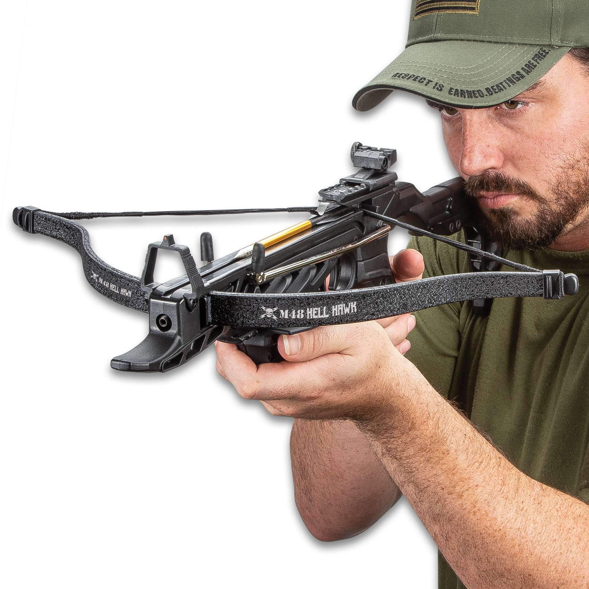 M48 Hell Hawk Self-Cocking Assault Crossbow Pistol - Lightweight Fiberglass Limbs, TPR Grip, 80-LBS Draw Weight, Picatinny Rail, Includes Bolts - Perfect for Hunters - Crossbow Pistol Length 24"