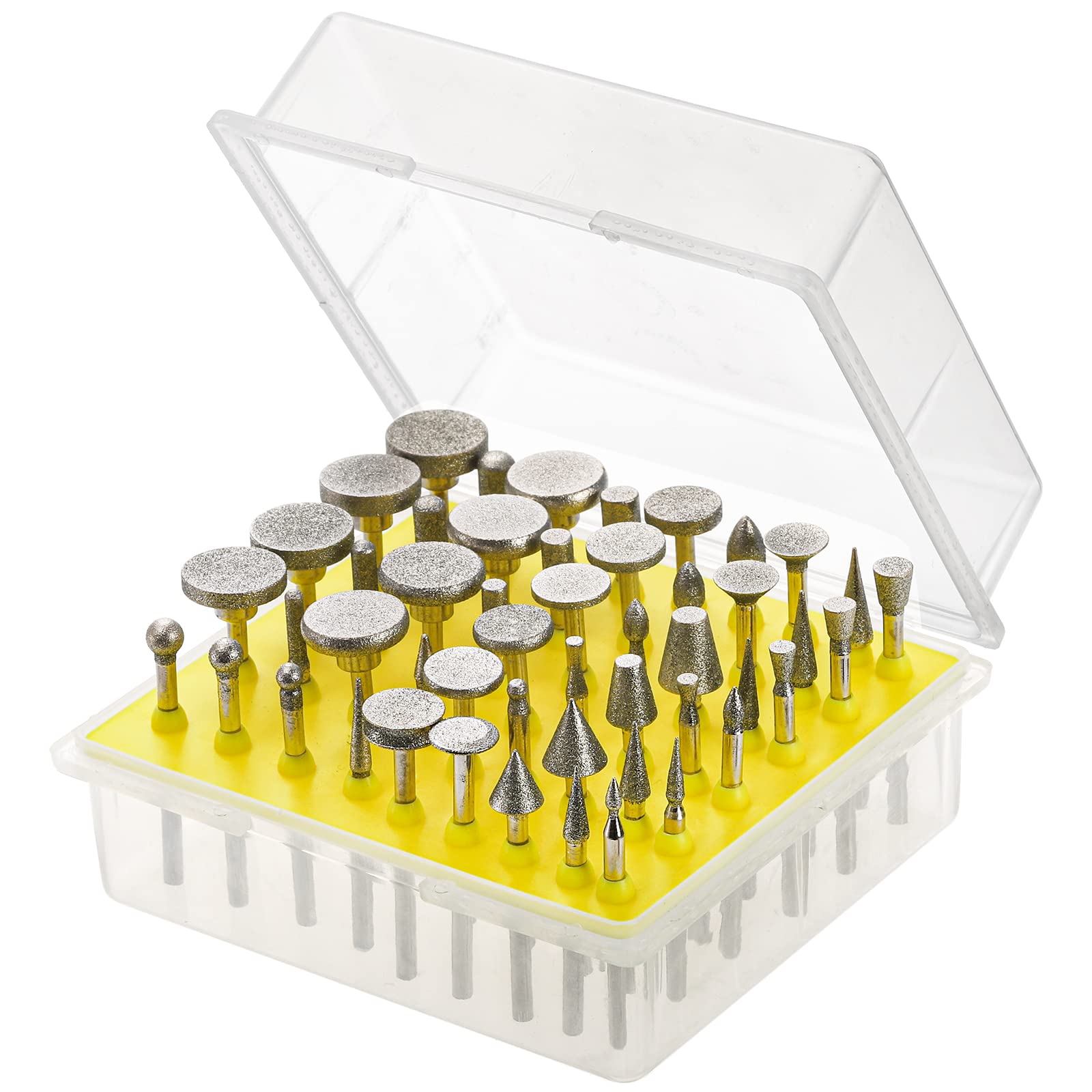 Lawei 50-Pack Diamond Burr Set, 1/8 Inch Shank Diamond Grinding Bits, Polishing Rotary Tools for Carving/Engraving Stone, Rocks, Jewelry, Glass, Ceramics for Rotary Tools, 3mm Mandrel