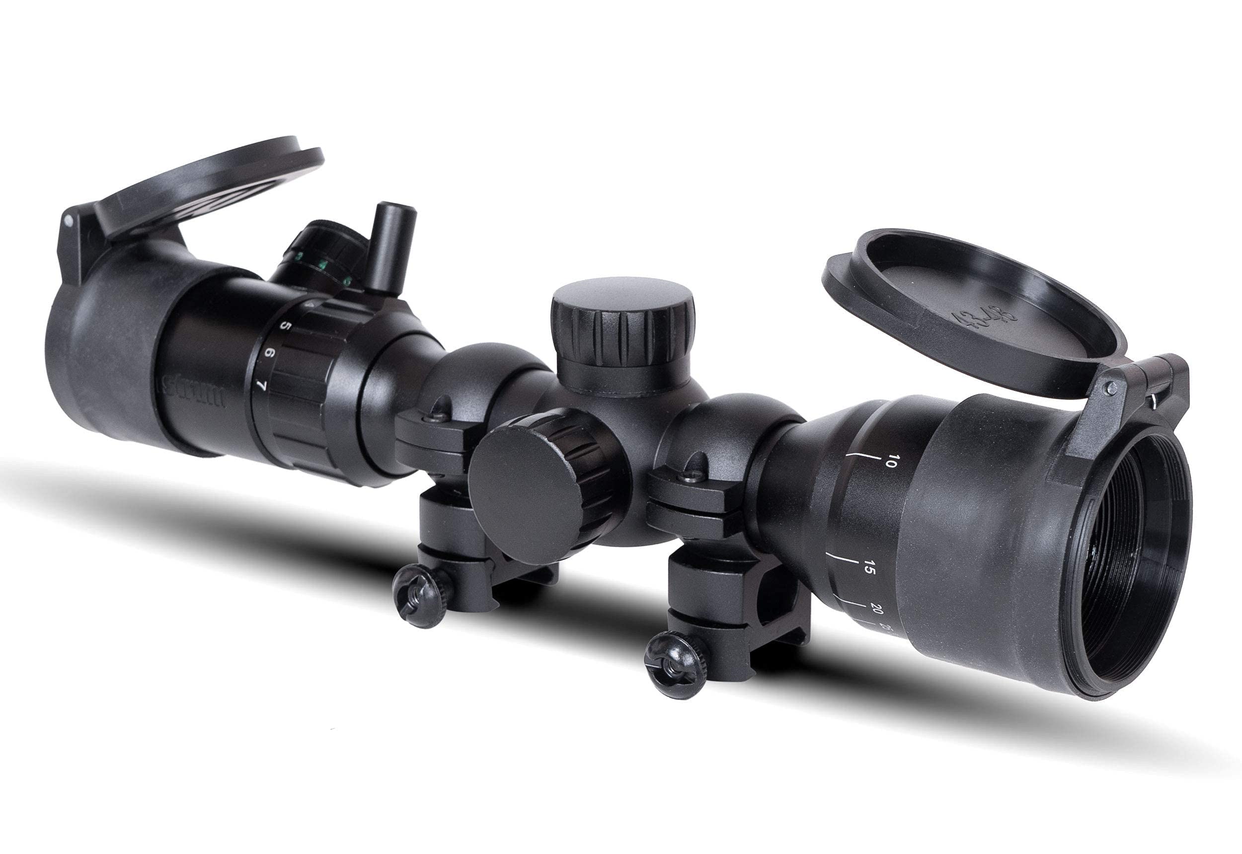 Monstrum 2-7x32 AO Rifle Scope with Illuminated Range Finder Reticle and Parallax Adjustment | Monstrum Flip Up Scope Cover Set | Bundle