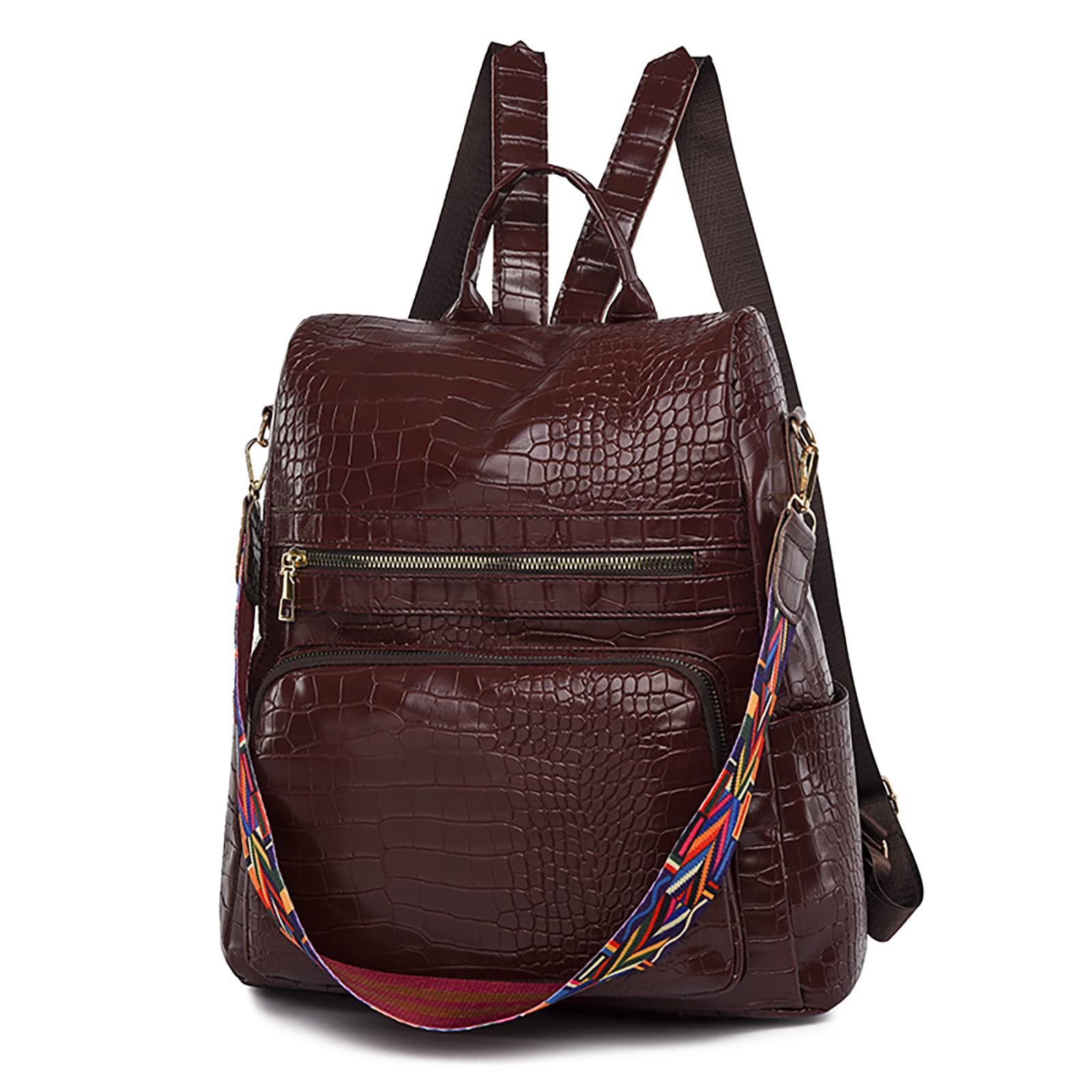 PIDOIM Crocodile Pattern Backpack Purse for Women PU Leather Multipurpose Design Travel Bag Fashion Handbags Shoulder Bag Gift-Reddish Brown