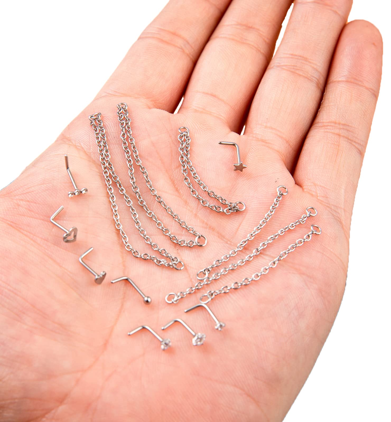 Masedy 20G Stainless Steel Nose Ring Stud Nose Ring Chain Piercing Across Double Nose Stud Heart Ball CZ Nose Studs Nostril Piercing Jewelry SL