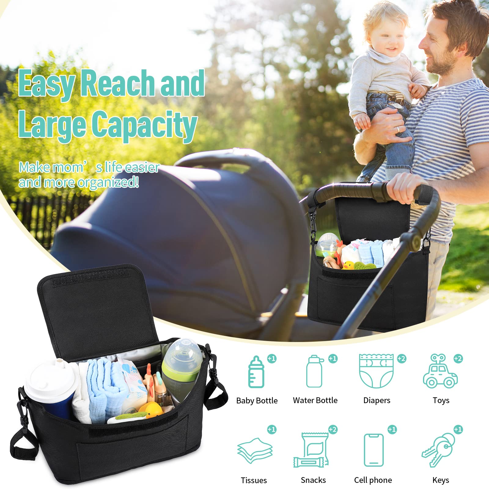 Yoofoss Baby Stroller Organizer Stroller Caddy - Universal Stroller Organizer Bag with Insulated Cup Holder Phone Bag, Stroller Storage Fits Most Baby and Pet Strollers, Black