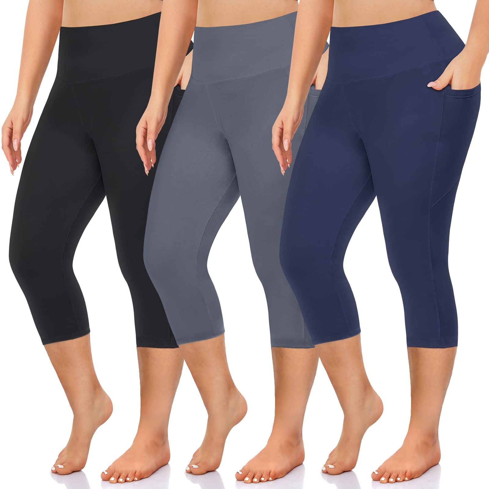 NEW YOUNG 3 Pack Plus Size Capri Leggings with Pockets for Women,High Waist Tummy Control Workout Yoga Leggings