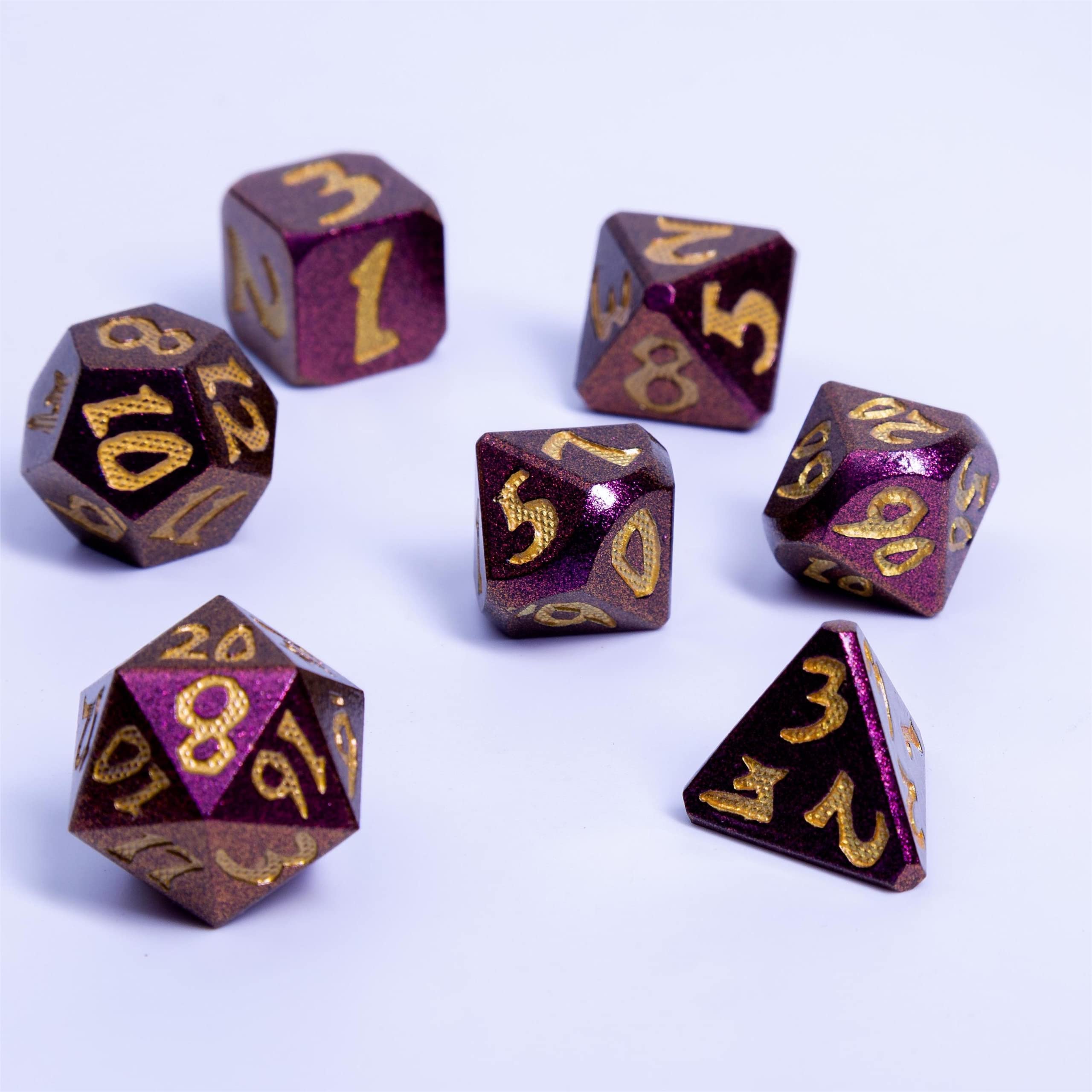 Metal Dice Set with Gift Box-7 Pcs DND Dice Set Purple Surface and Golden Number for Dungeons and Dragons RPG Games