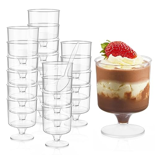 Zezzxu 5 oz Mini Dessert Cups with Spoons, 40 Pack Small Dessert Cups Plastic Footed Wine Glasses for Serving Trifles, Appetizers, Puddings, Mousse, Parfait