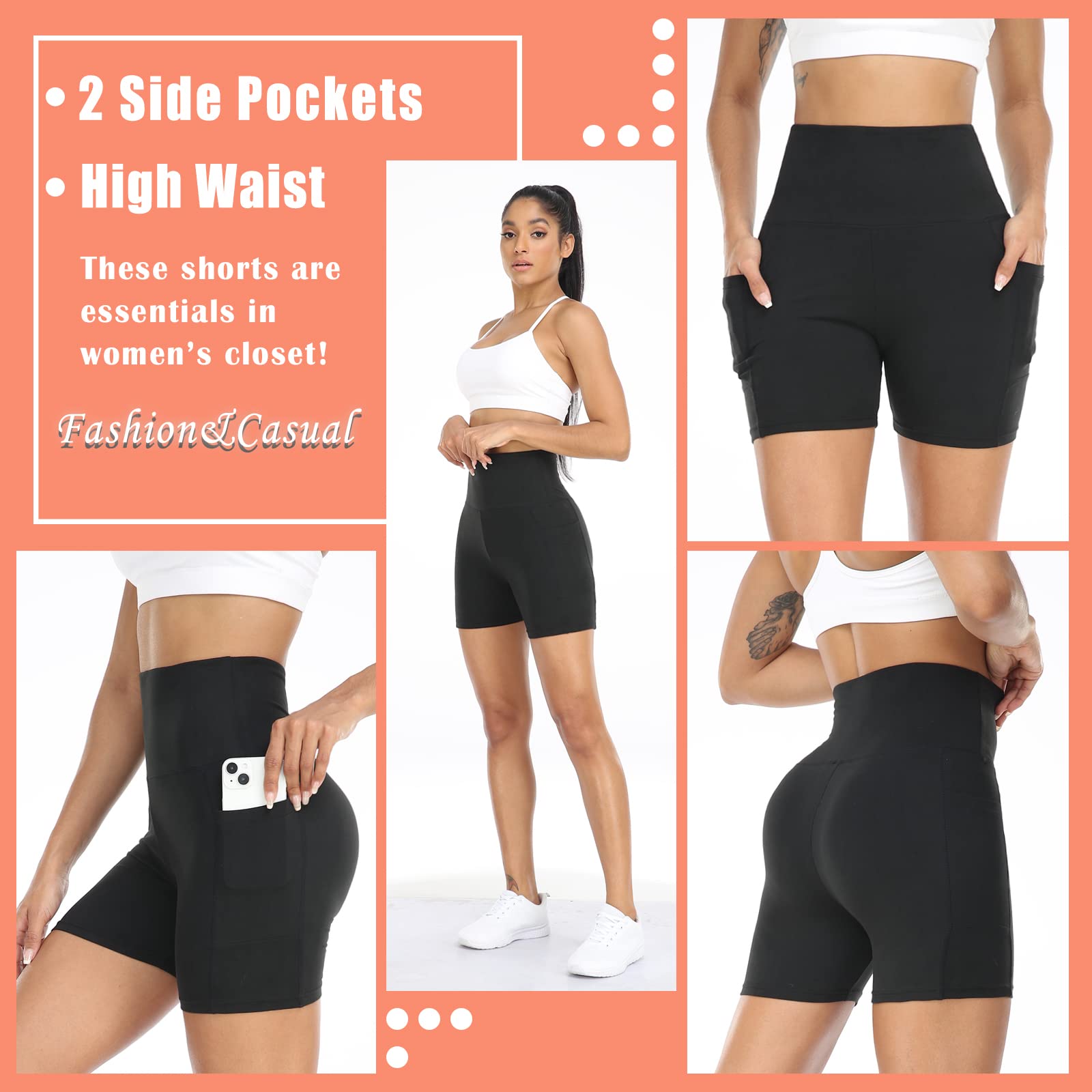 NEW YOUNG 3 Pack Biker Shorts with Pockets for Women High Waisted Tummy Control-Black Workout Yoga Shorts for Running
