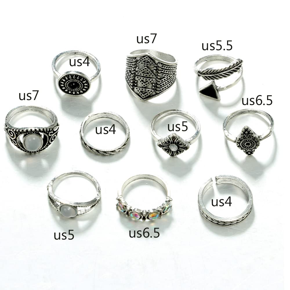 Octwine 10cs Silver Bohemian Statement Knuckle Rings Black Carved Stackable Rings Stacking White Crystals Ring Jewelry for Women and Girls