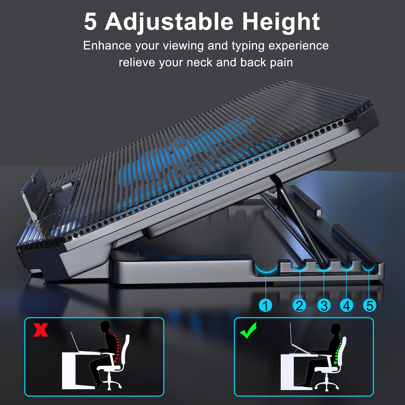 LIENS Laptop Cooling Pad with Adjustable Height Two 5.1 Inches Fan 2 USB Ports Suitable for 12"-15.6" Laptops(Black)