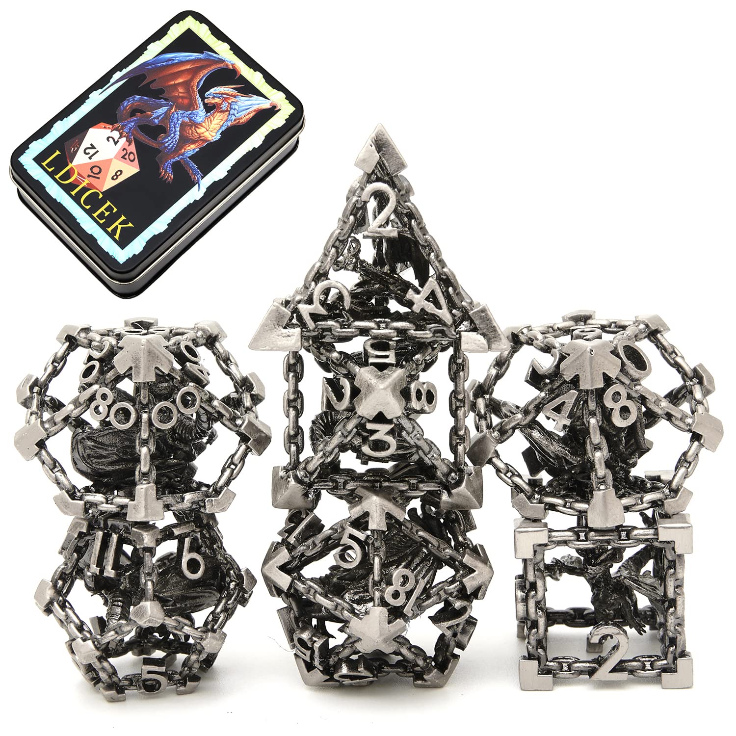 Metal DND Dice Set with Box 7pcs Hollow D&D Dice,Copper Polyhedral Dungeons and Dragons Dice Set Steampunk Polyhedral Dice Games Set for RPG,MTG,Pathfinder,D and D Dice Set (Dragon Black Gold)