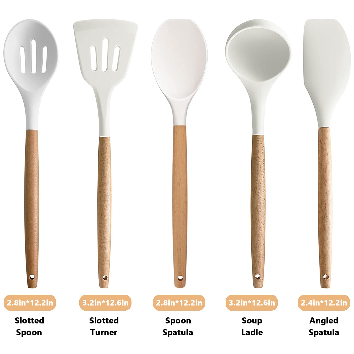 IOCBYHZ Silicone Kitchen Utensils Set of 5, Cooking Utensils Set with Heat Resistant Wooden Handle Non-Stick Silicone Spatula Spoon Turner Ladle Set, BPA FREE Kitchen Gadgets Utensil Set for Cookware