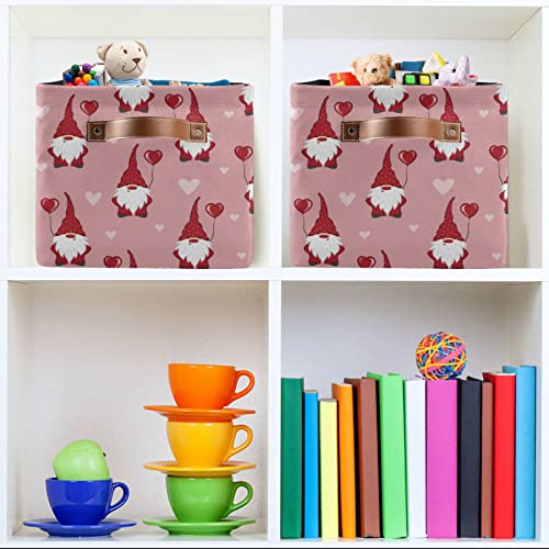 Wusikd Valentines Day Storage Basket Set of 1 Large Fabric Cute Gnomes Hearts Storage Basket Bins Box Cube with Handles Collapsible Closet Shelf Clothes Organizer Basket for Nursery Bedroom
