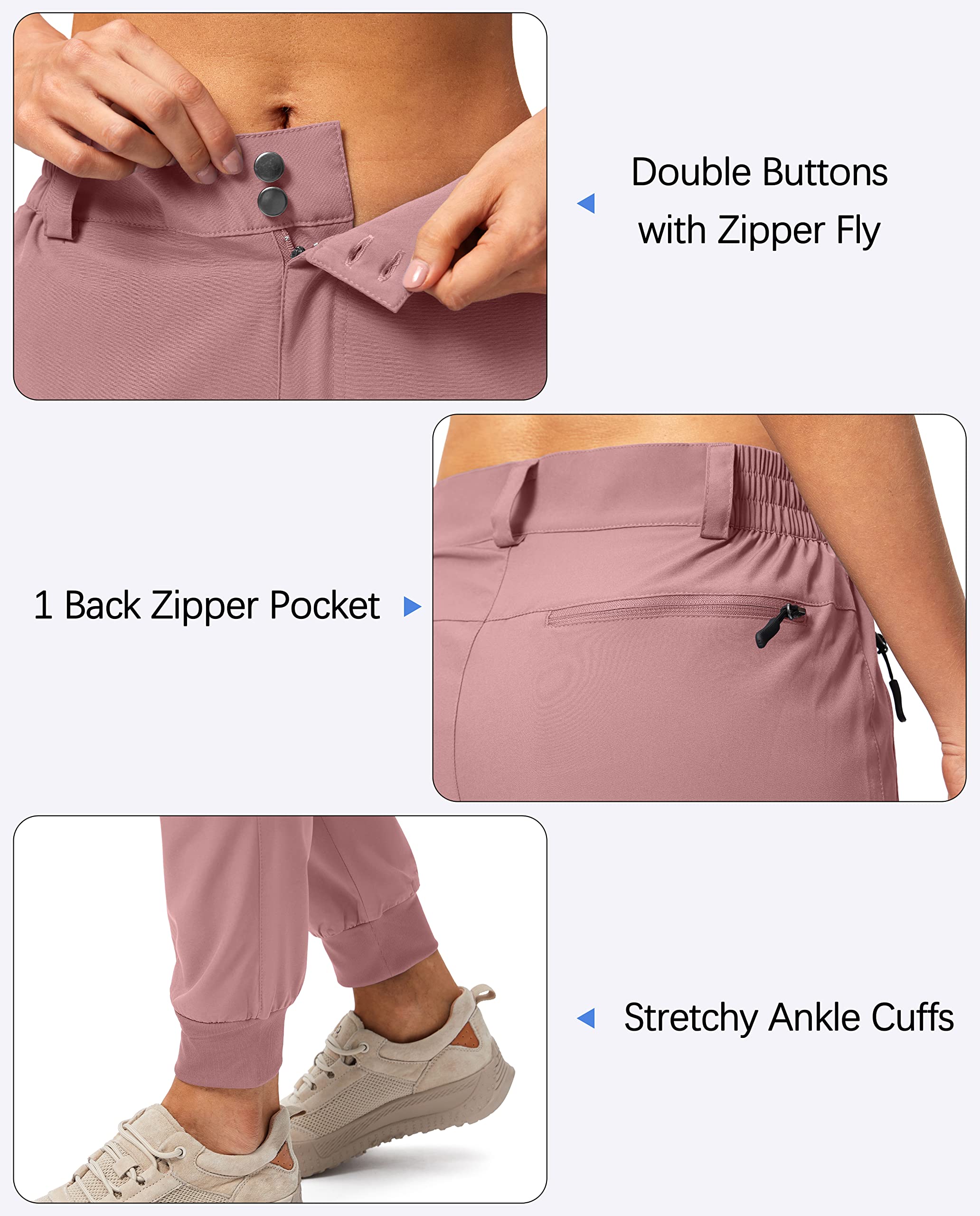 Pudolla Women's Golf Joggers Lightweight Hiking Cargo Pants Waterproof for Travel Camping Walk with Zipper Pockets(Dusty Pink Medium)