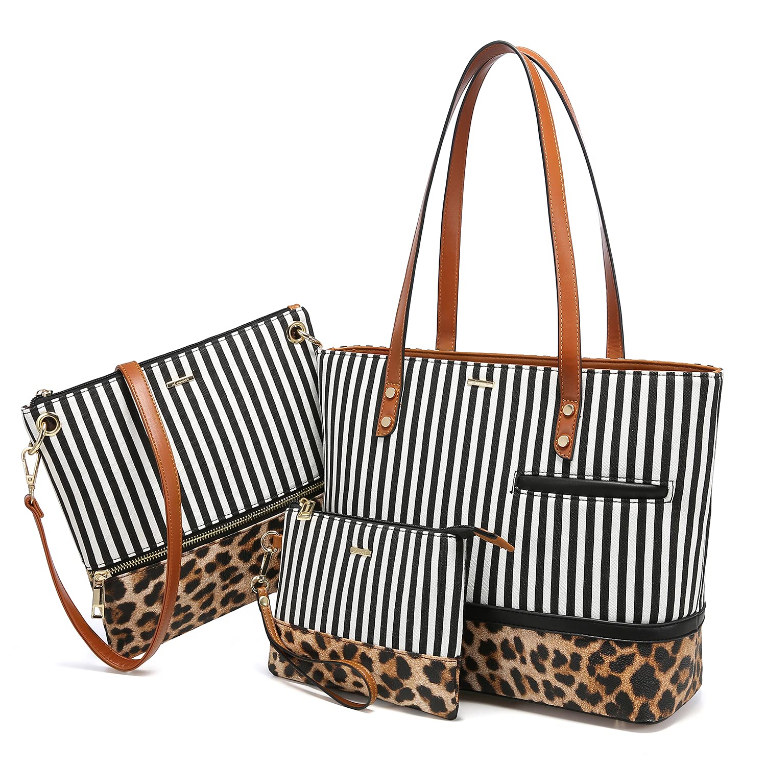 LOVEVOOK Womens Purses Satchel Handbags Shoulder Hobo Tote Bag Top Handle Crossbody 3pcs Purse Set Stripes Style,Leopard