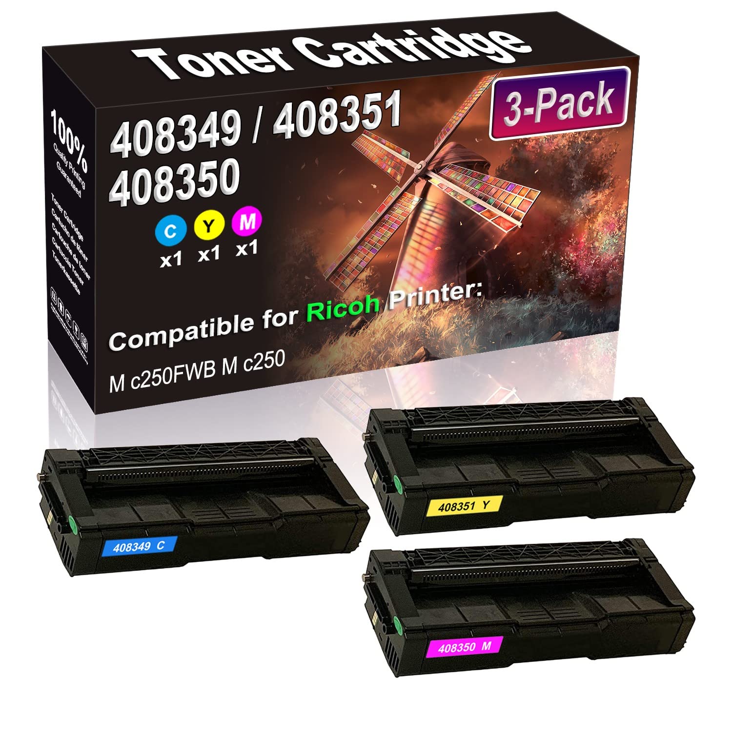 Kolasels 3-Pack (C+Y+M) Compatible M c250FWB M c250 Toner Cartridge Replacement for Ricoh M C250 408349 408351 408350 Printer Toner Cartridge (High Capacity)