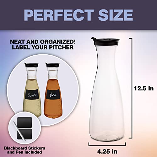 UMIEN Carafe Pitcher β Clear Beverage Carafes with Flip Top Lid, Iced Tea, Mimosas, Laundry Detergent, Milk, Juice β Easy Pour BPA Free Plastic Drink Container, 50 Ounce Round bottoms - 2 pack