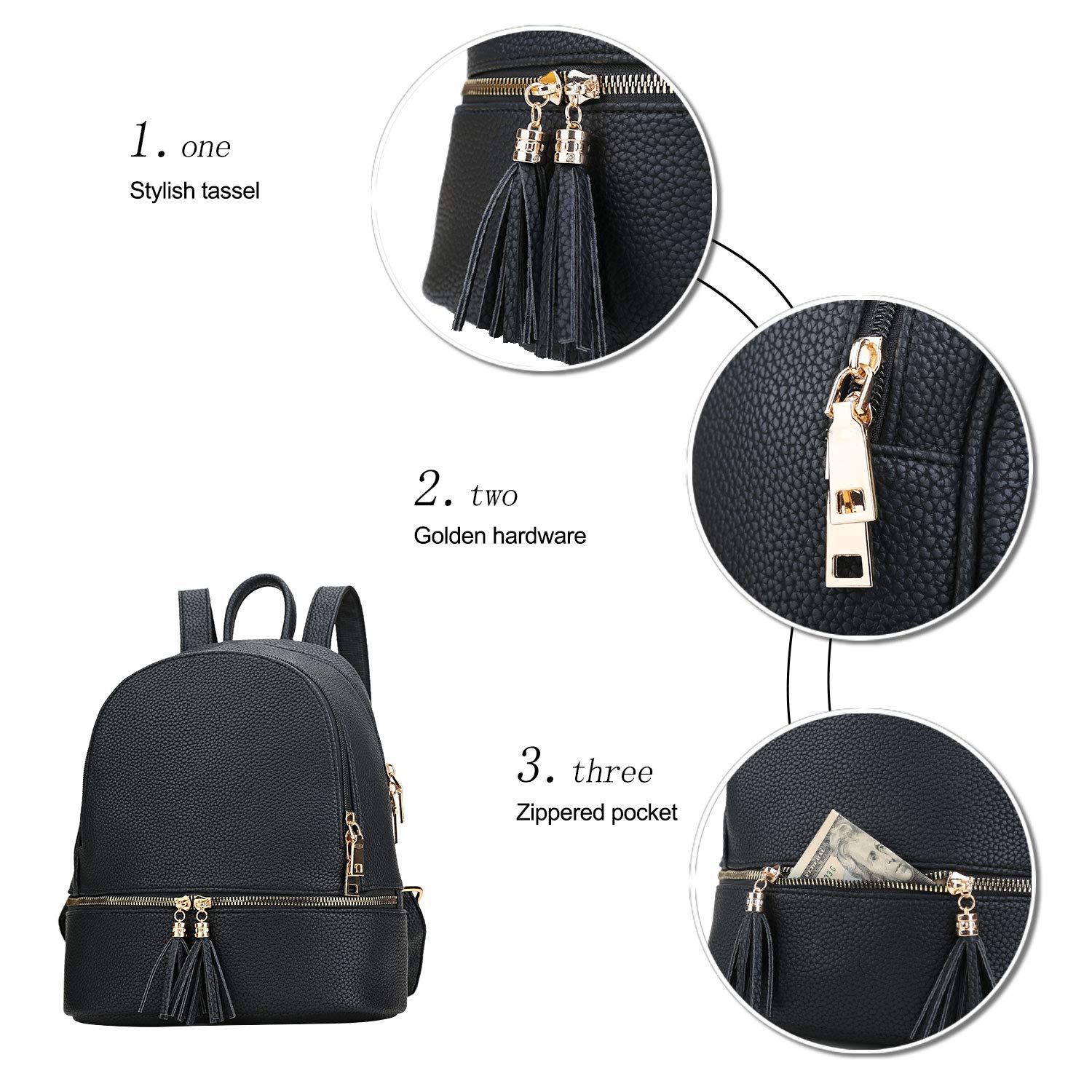 KKXIU Backpack for Women Cute Small Leather Purse with Tassel (Black)